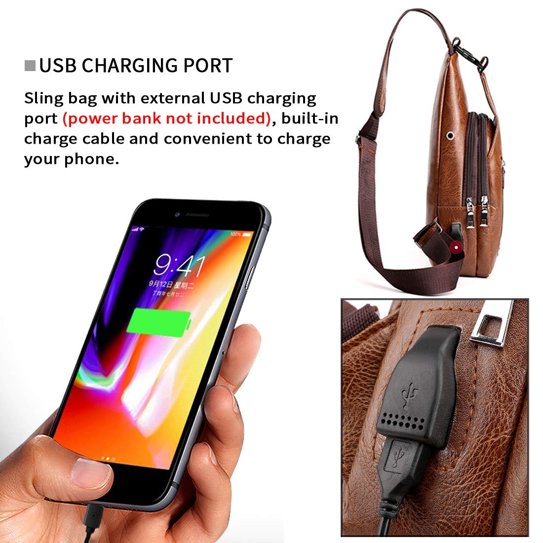 Seoky Rop Men Sling Bag Anti Theft Shoulder Bag Small Leather Crossbody Sling Backpack with USB Charge Port Black