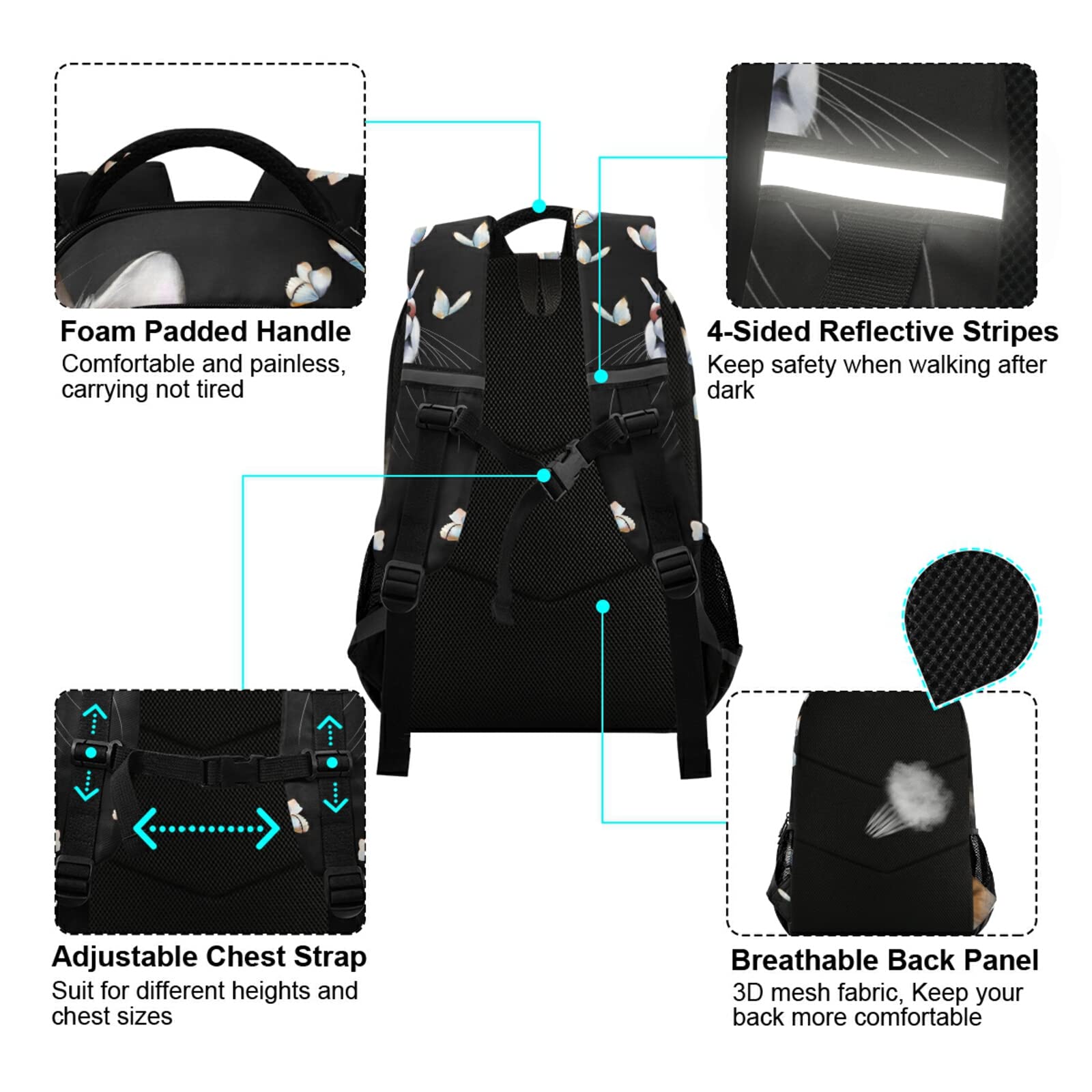 Cute Kitty Cat With Butterfly Backpacks Travel Laptop Daypack School Book Bag for Men Women Teens Kids