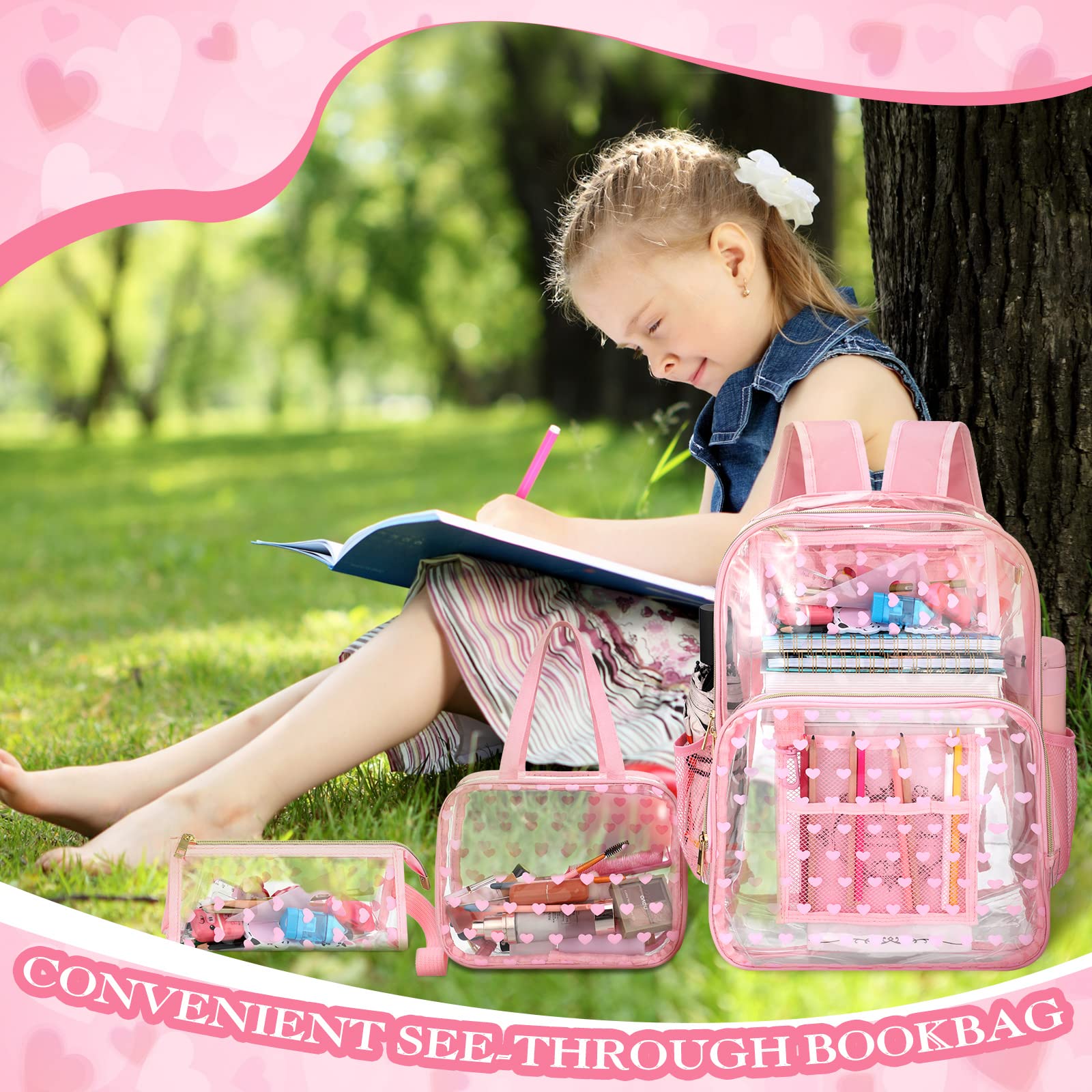 3 Pieces Clear Backpack Stadium Approved Backpack for Girls Clear Stadium Backpack Set Clear Tote Backpack for Women, 16.9 x 12 x 6.5 Inch (Heart Style)