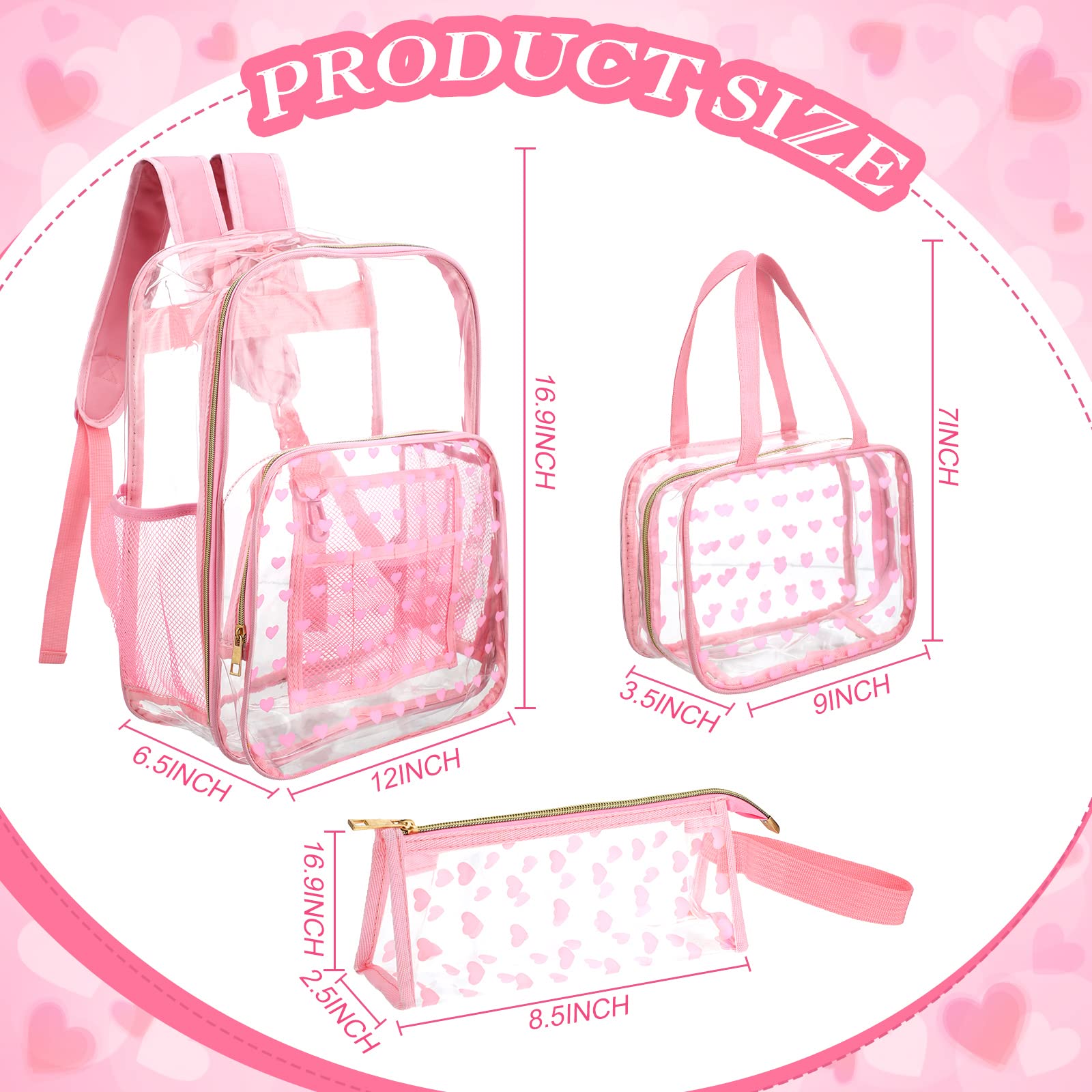 3 Pieces Clear Backpack Stadium Approved Backpack for Girls Clear Stadium Backpack Set Clear Tote Backpack for Women, 16.9 x 12 x 6.5 Inch (Heart Style)