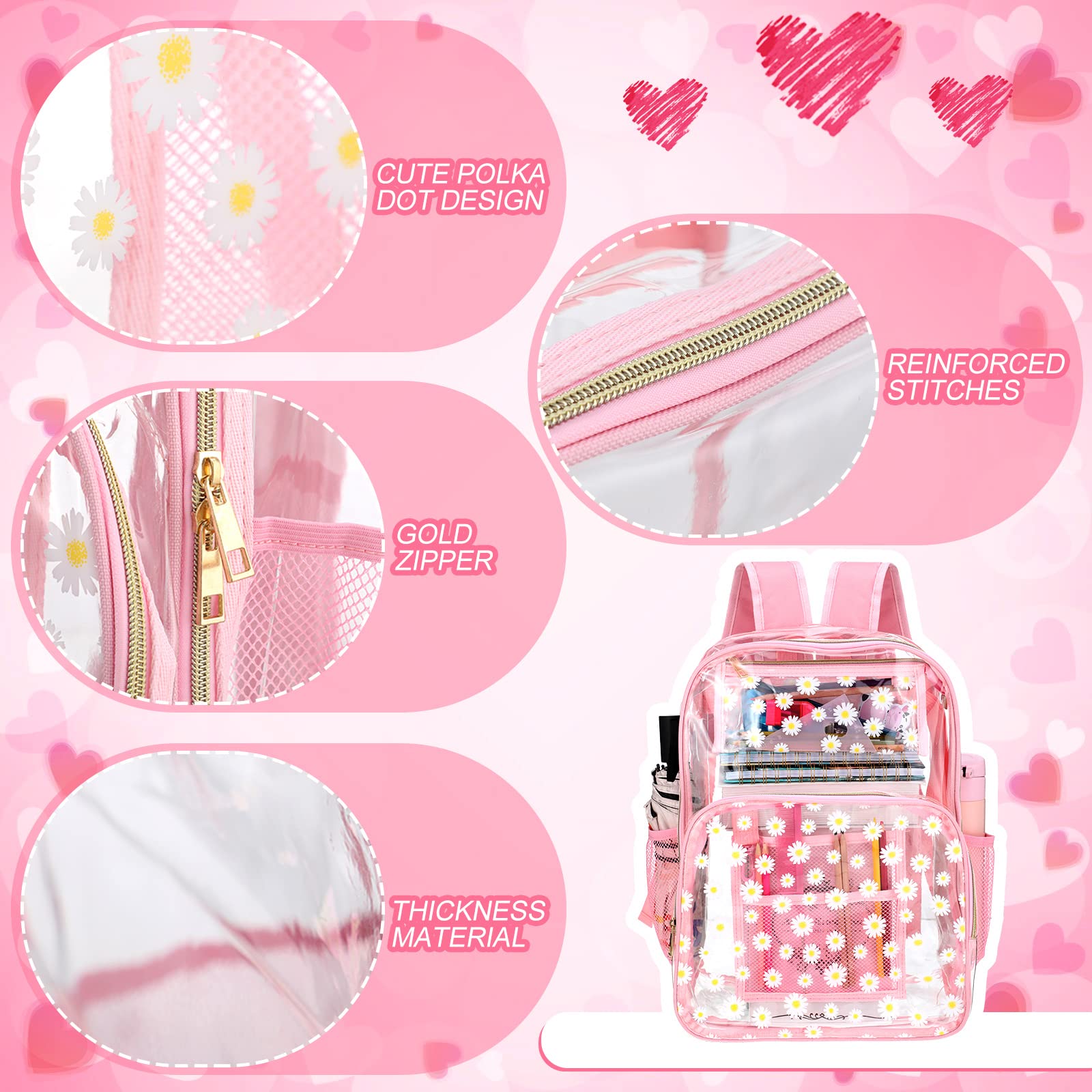 3 Pieces Clear Backpack Stadium Approved Backpack for Girls Clear Stadium Backpack Set Clear Tote Backpack for Women, 16.9 x 12 x 6.5 Inch (Heart Style)