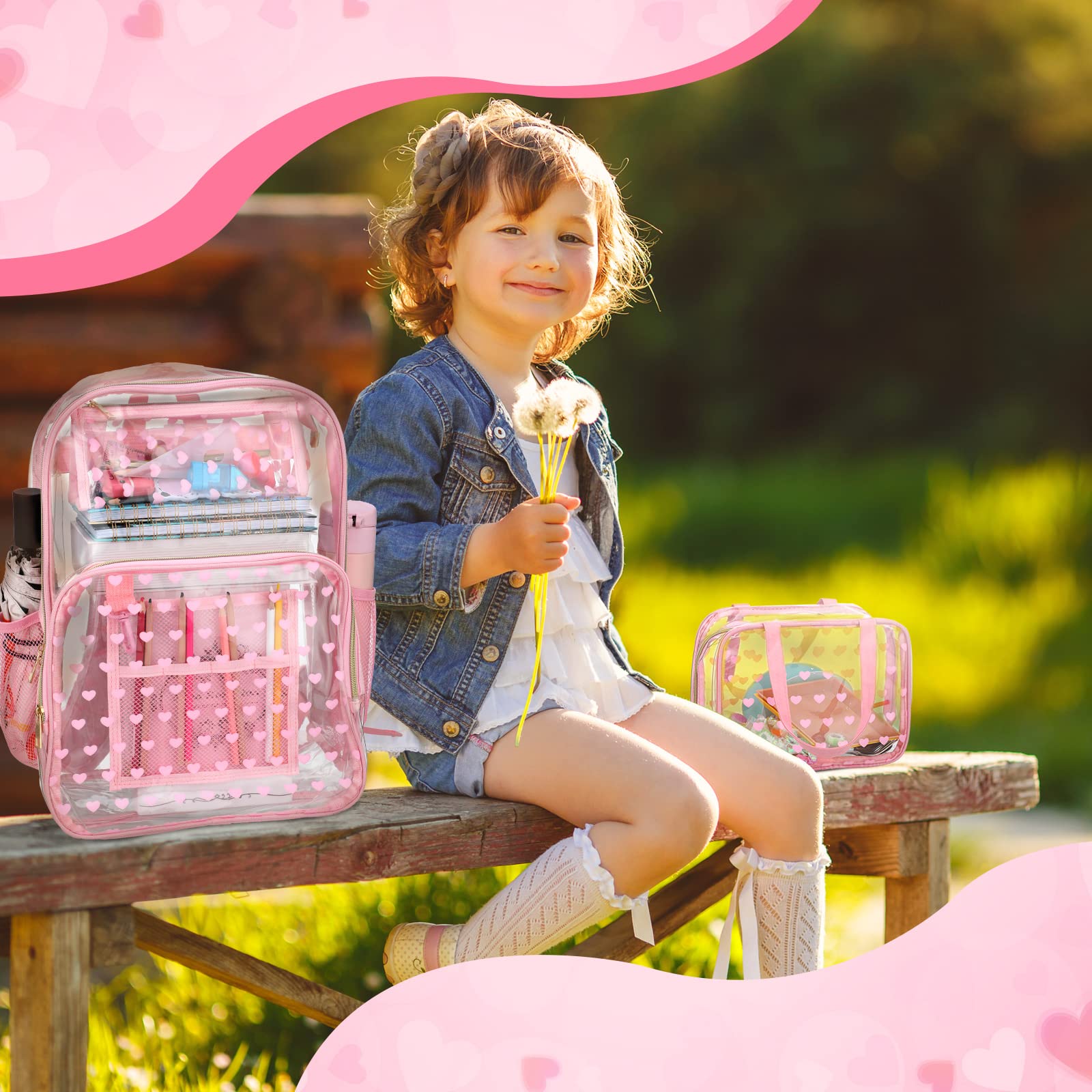 3 Pieces Clear Backpack Stadium Approved Backpack for Girls Clear Stadium Backpack Set Clear Tote Backpack for Women, 16.9 x 12 x 6.5 Inch (Heart Style)