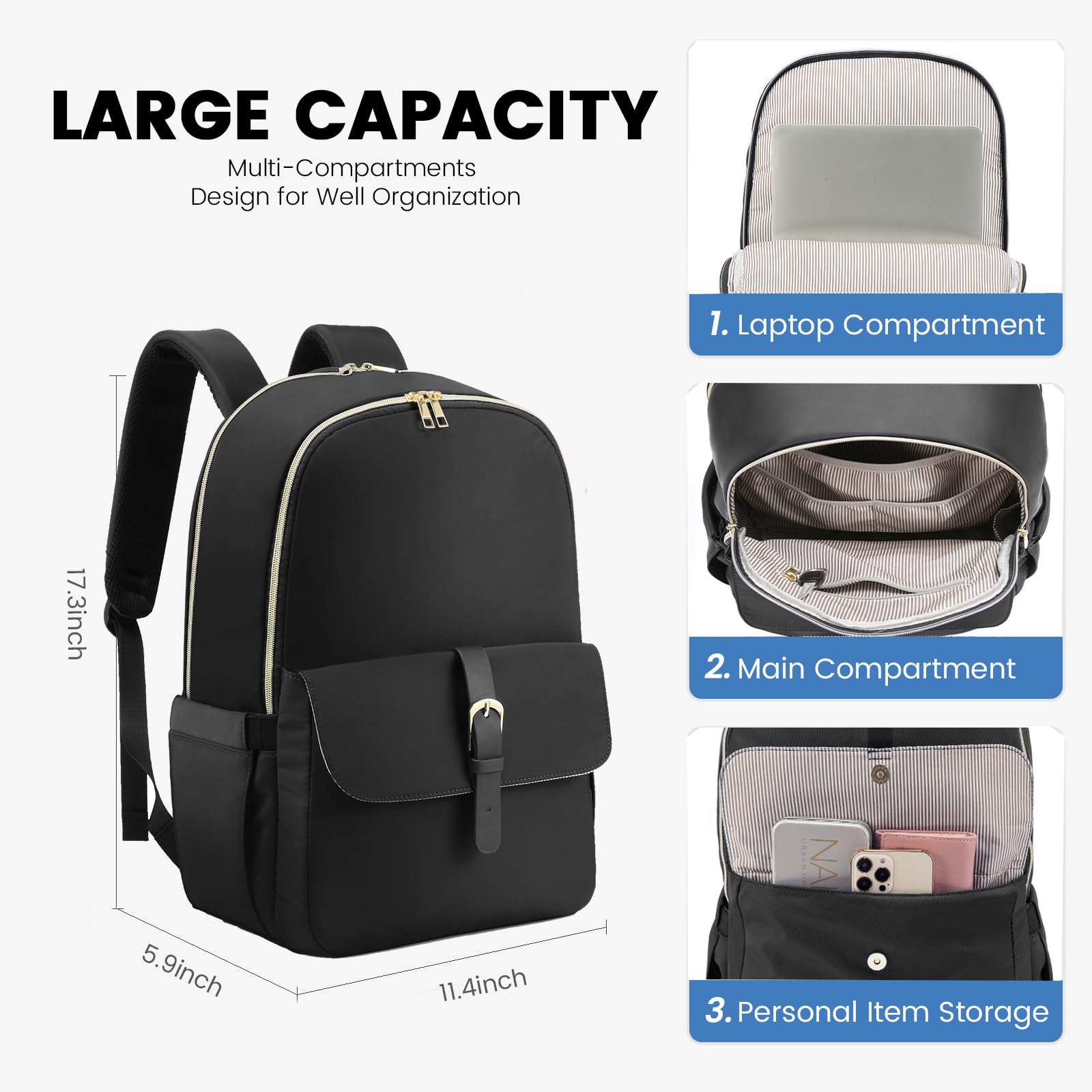 JFFD Laptop Backpack for Women Fashion Travel Work Backpack With Anti-Theft Zipper, Waterproof Student Bookbag for College School, 15.6 Inch Business Computer Backpack Purse, Black