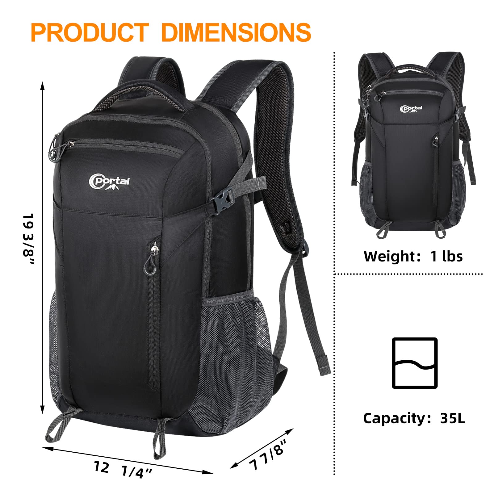 PORTAL 35L Waterproof Hiking Backpack, Lightweight Backpack for Camping Outdoor Sports Travel Daypack Black