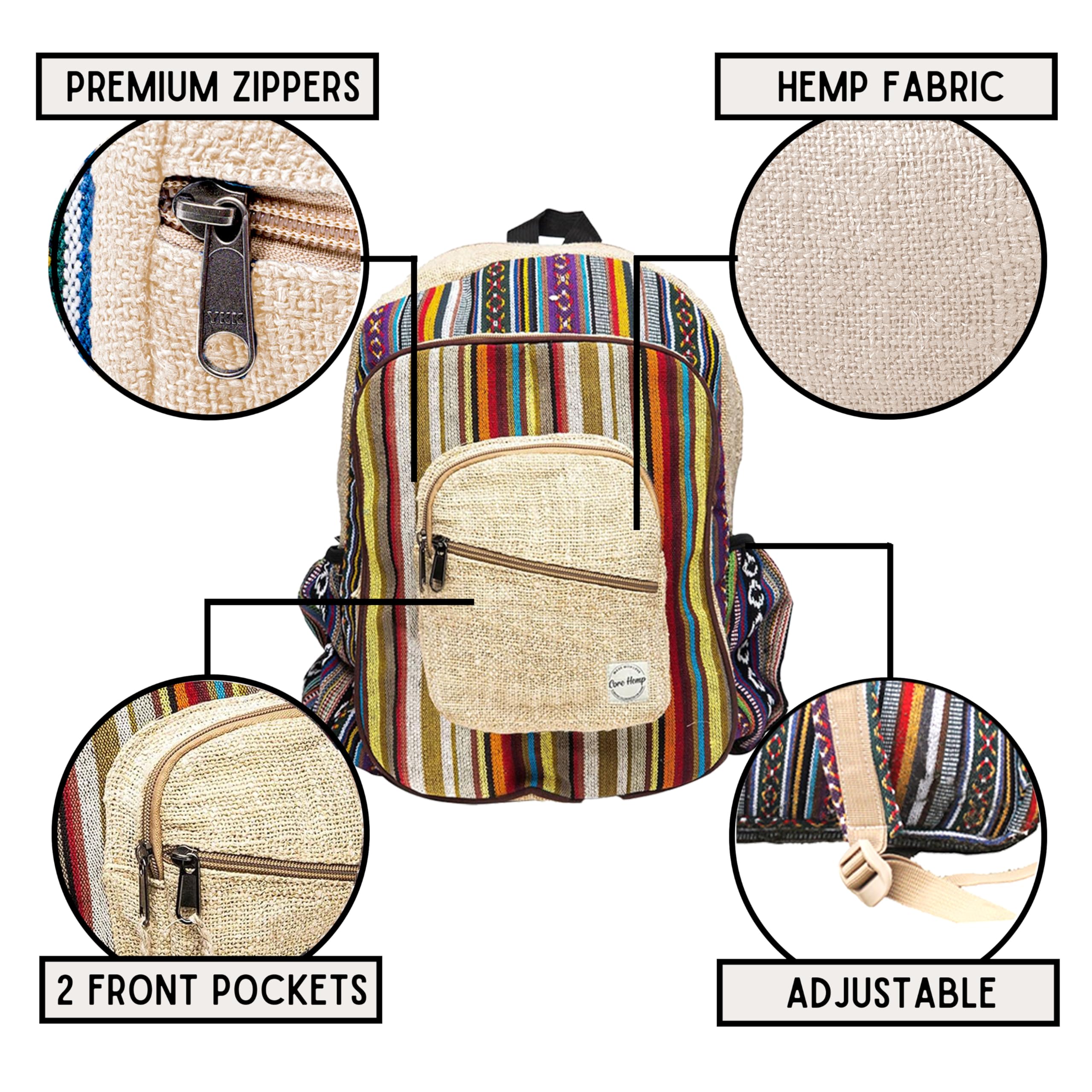 Core Hemp Boho Backpack - Handmade School Backpack - Lightweight Travel Bag