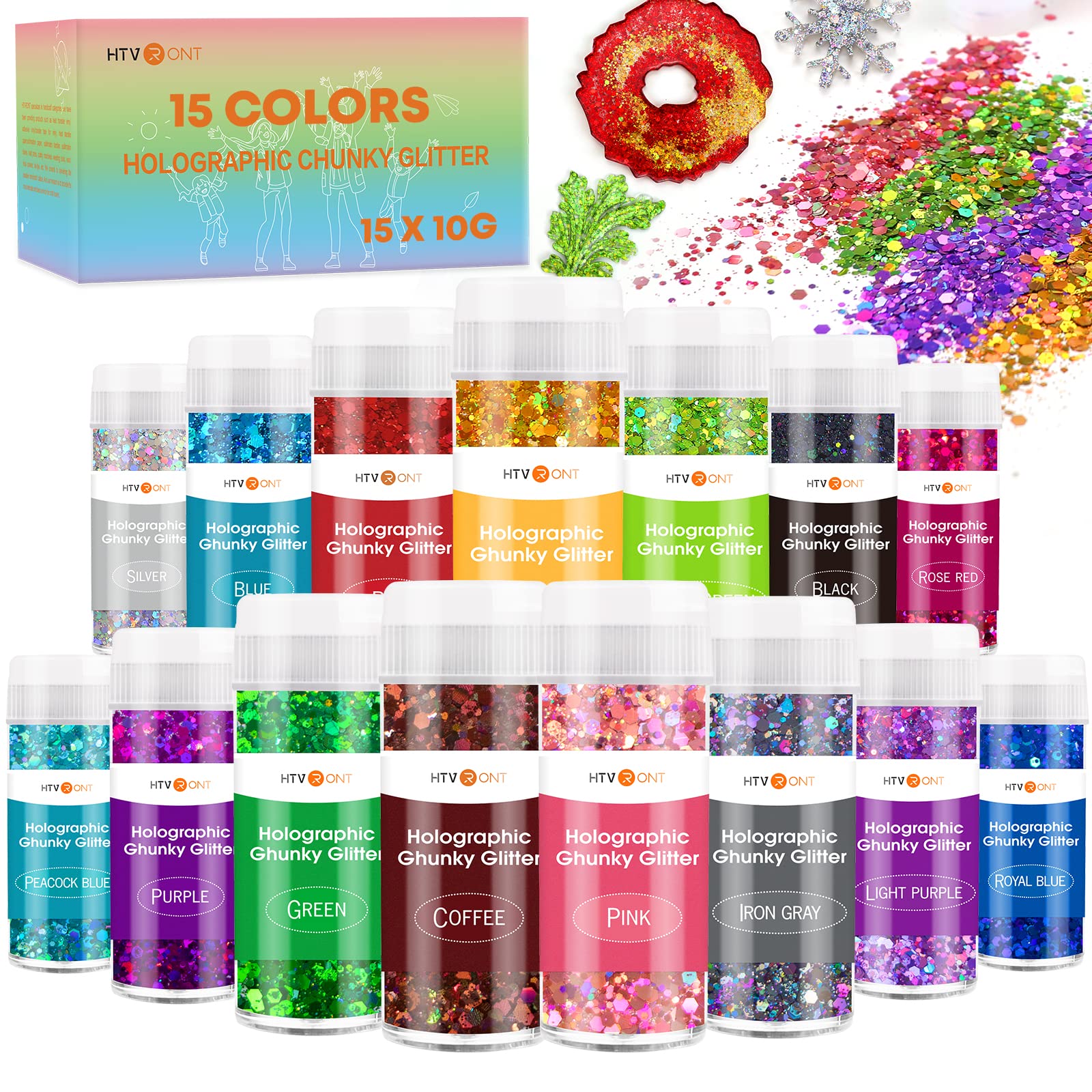 HTVRONT Holographic Chunky Glitter for Resin - 15 Colors Holographic Glitter for Resin, 150g/5.3oz Craft Glitter Set, Chunky Glitter for Tumblers, Craft, Body, Face, Nails