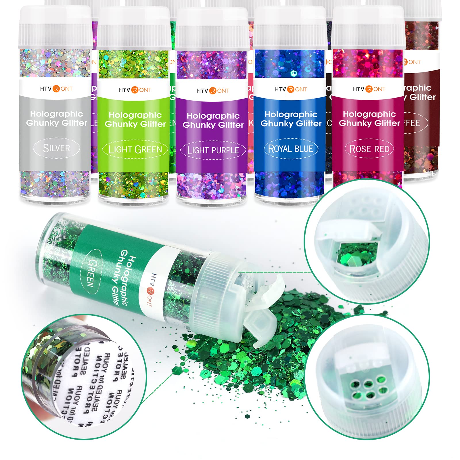 HTVRONT Holographic Chunky Glitter for Resin - 15 Colors Holographic Glitter for Resin, 150g/5.3oz Craft Glitter Set, Chunky Glitter for Tumblers, Craft, Body, Face, Nails