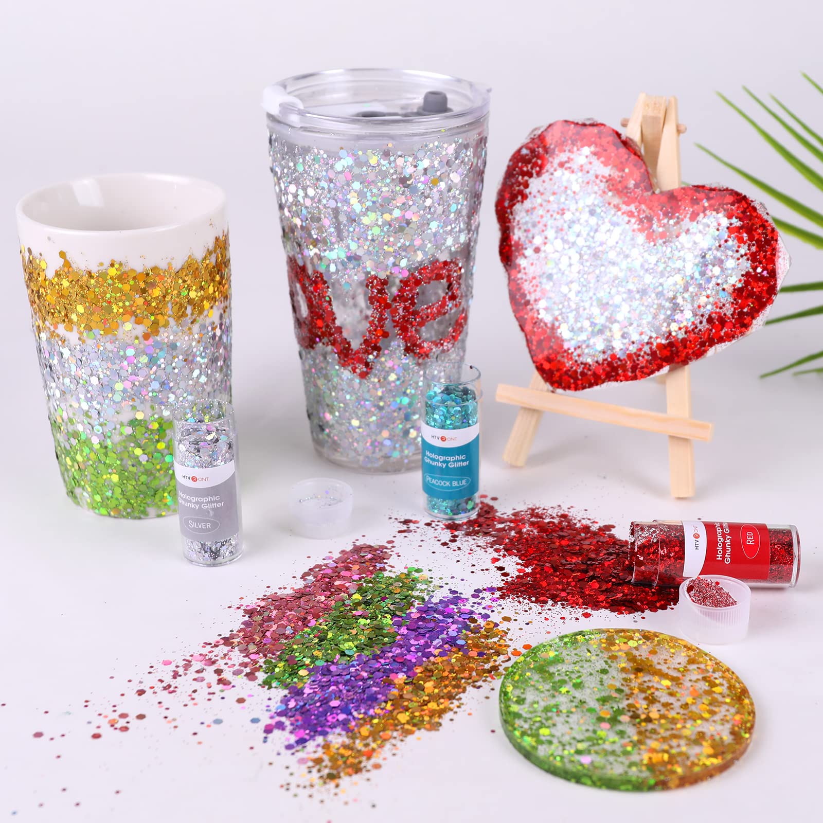 HTVRONT Holographic Chunky Glitter for Resin - 15 Colors Holographic Glitter for Resin, 150g/5.3oz Craft Glitter Set, Chunky Glitter for Tumblers, Craft, Body, Face, Nails