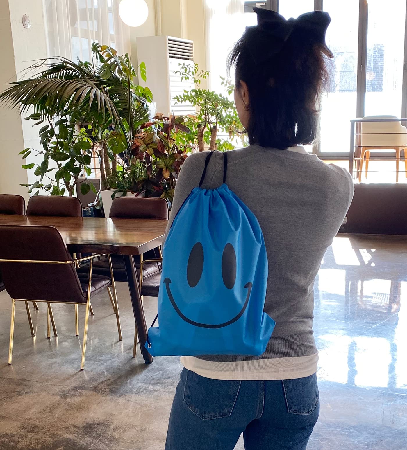 holawit Cute Positive Smile Happy Face Fun Design Drawstring Sack Gym String Bag Sports Backpack Lightweight Daily Sackpack - Pink