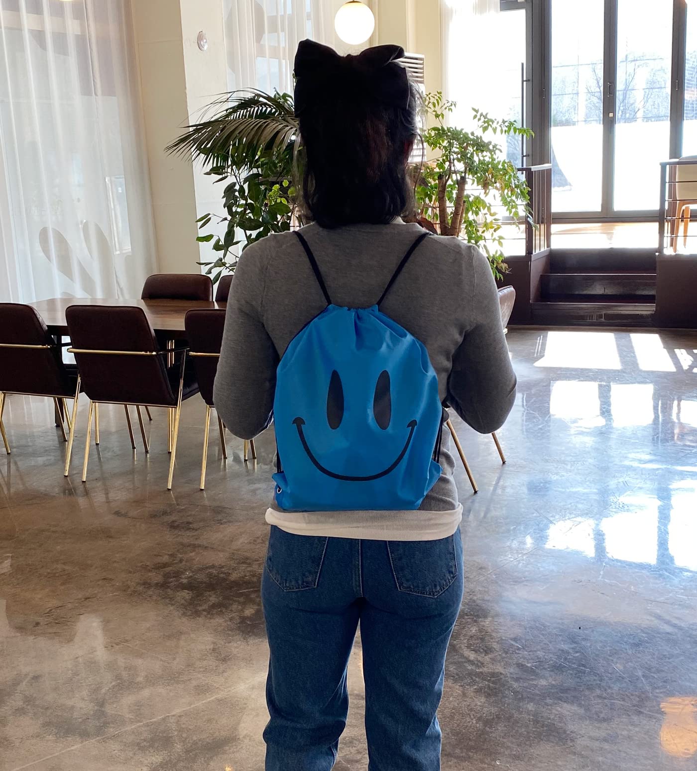 holawit Cute Positive Smile Happy Face Fun Design Drawstring Sack Gym String Bag Sports Backpack Lightweight Daily Sackpack - Pink