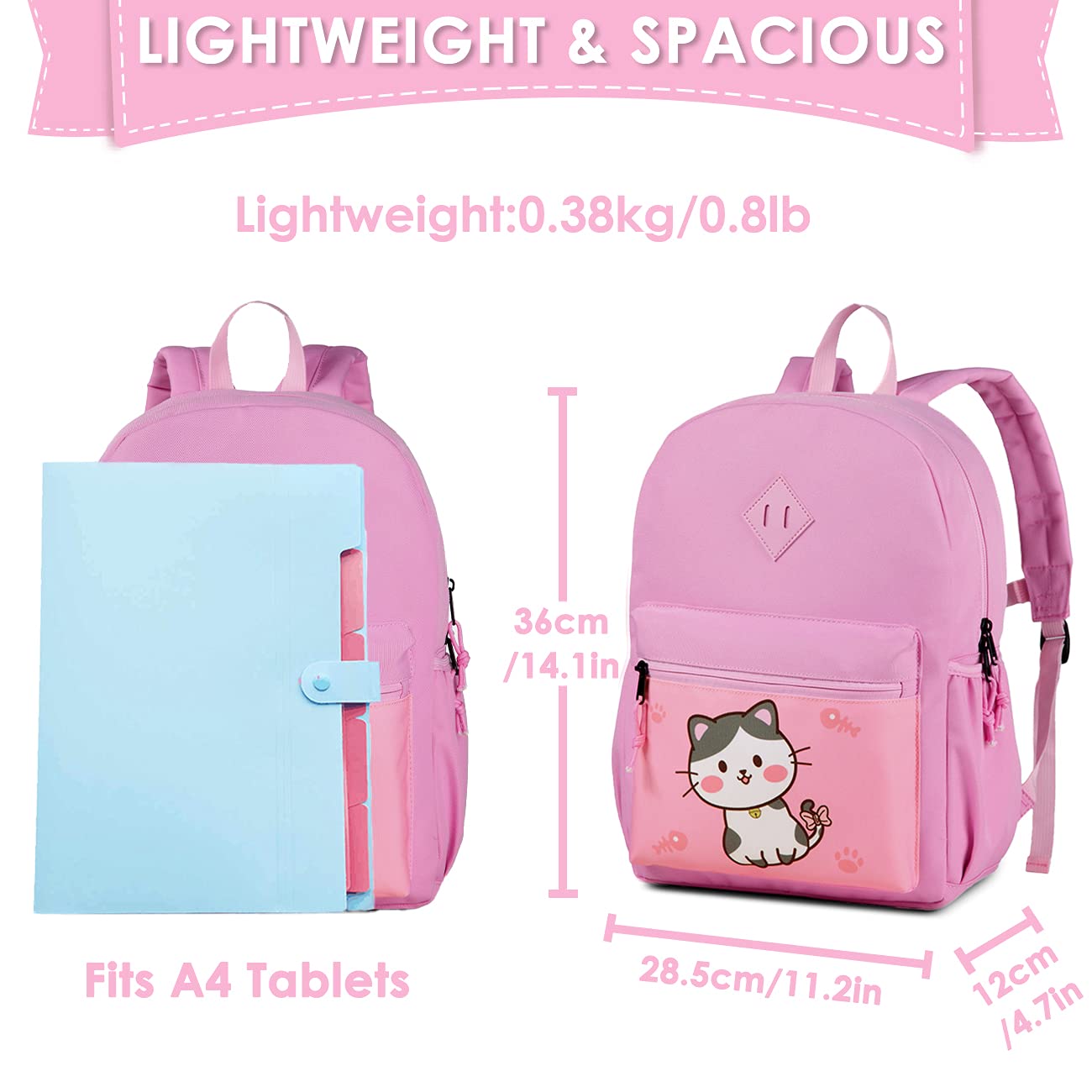 Kasqo Kids Backpack, 14" Toddler Backpack for Little Boys and Girls Kindergarten Preschool Bookbag With Chest Strap, Pink Kitty