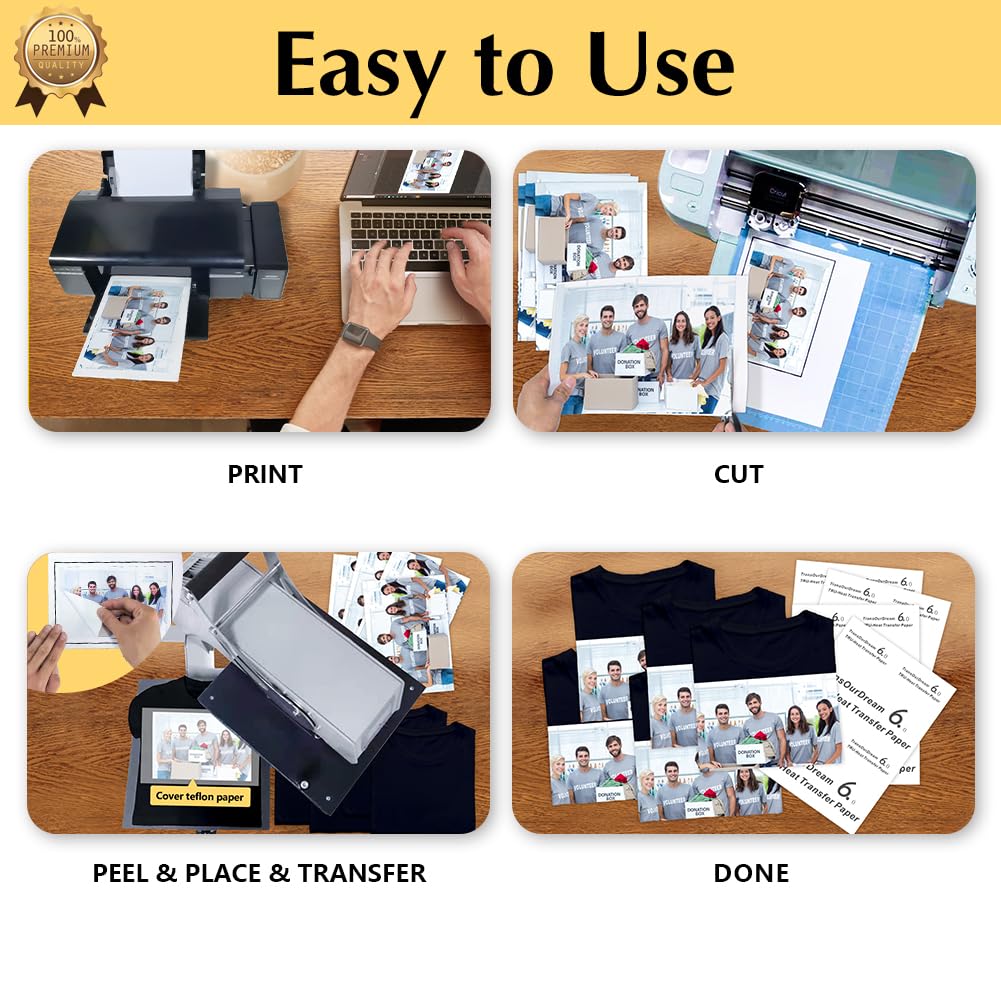 TransOurDream Iron on Heat Transfer Paper for Heat Press (25 Sheets, 8.5x11", Dark 6.0) Printable HTV Heat Transfer Vinyl for T Shirts Iron on Transfers for Inkjet Printer (TRANS-D6-20)