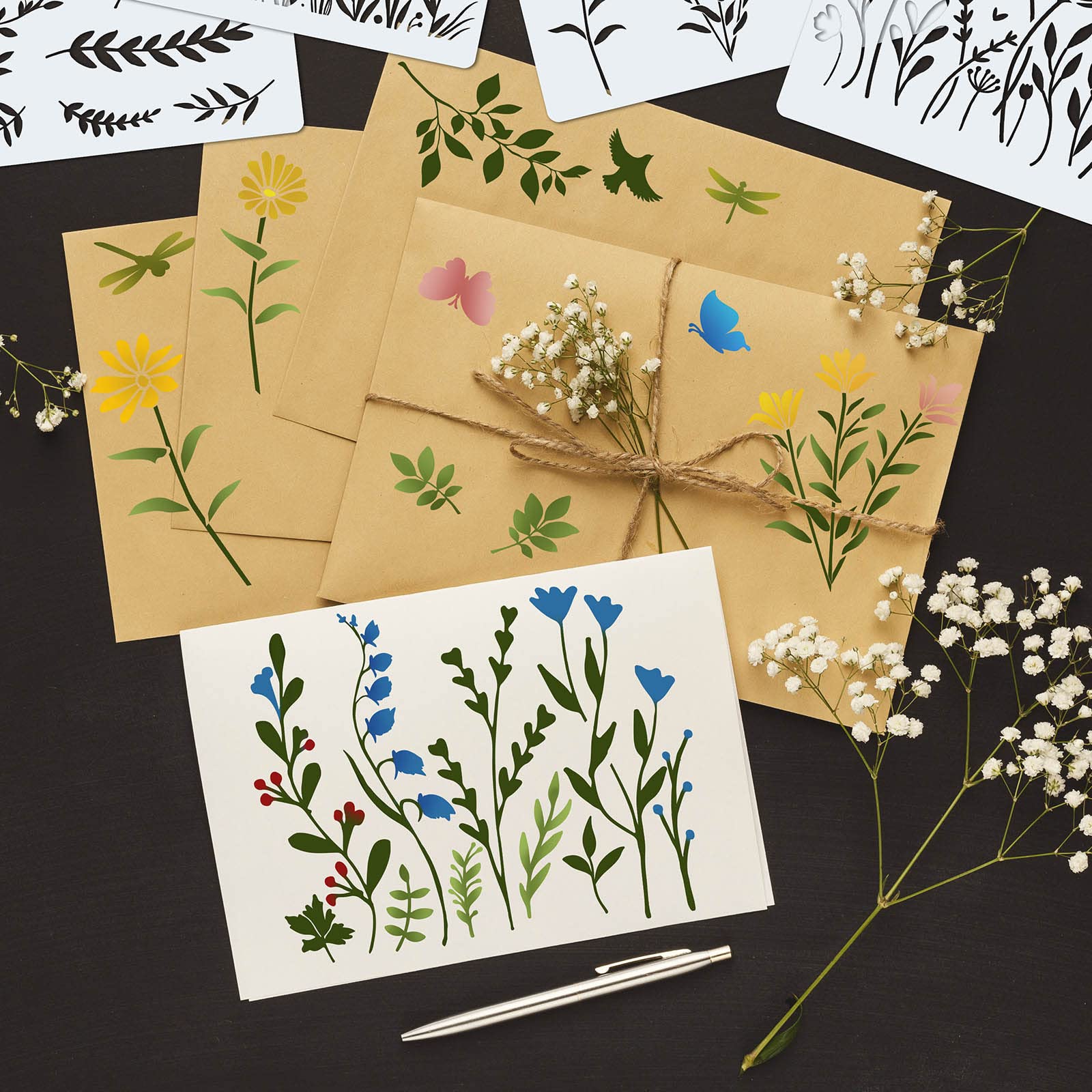 20 Pieces Wildflower Stencils for Painting Template Flower Stencils Wall Stencils Reusable Spring Stencils PET DIY Drawing Templates Stencils for Painting on Wood Wall Home Decor (Rectangular Style)