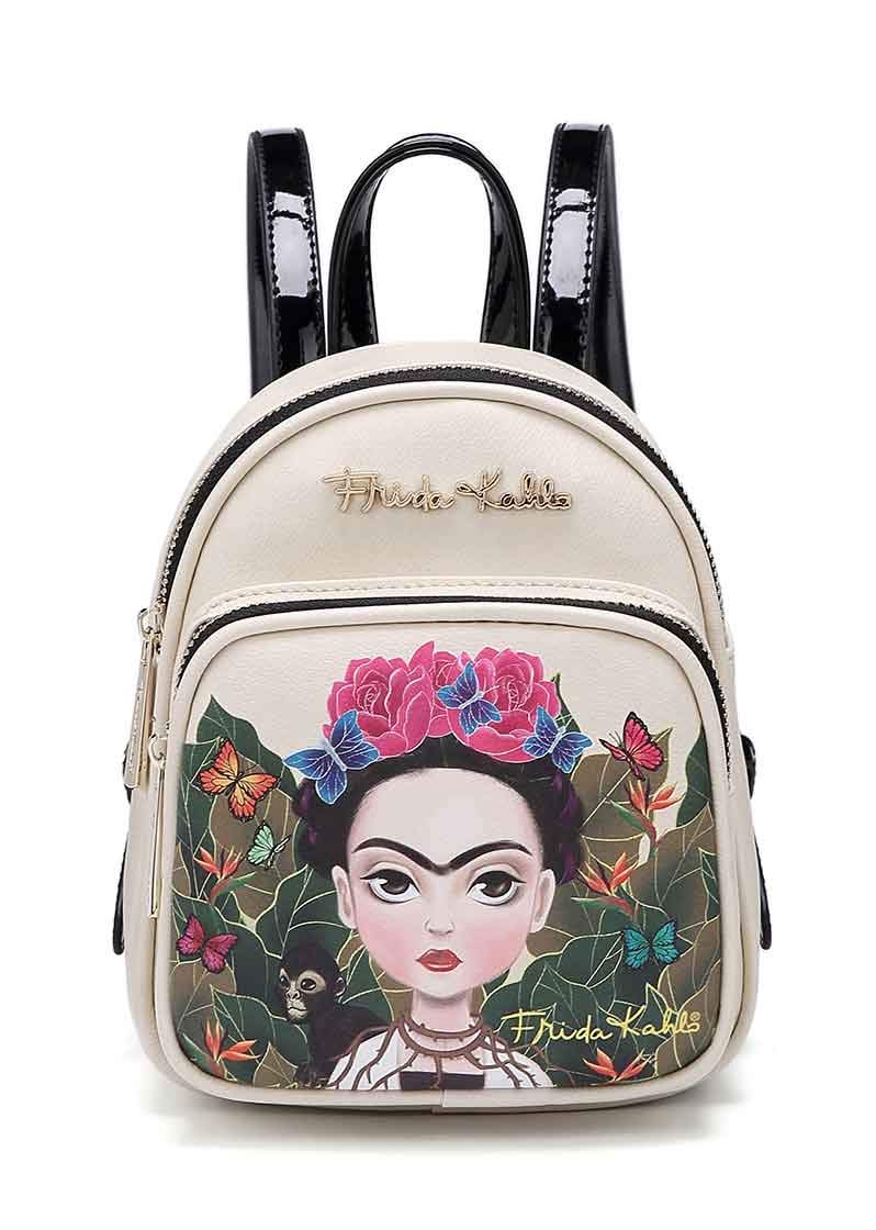 Frida Kahlo Cartoon Licensed Faux Leather Mini Size Backpack (Black: Cartoon)