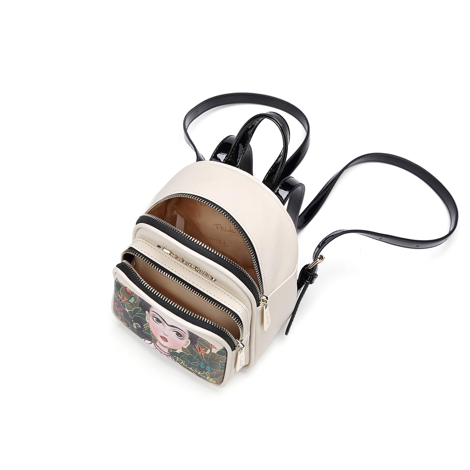 Frida Kahlo Cartoon Licensed Faux Leather Mini Size Backpack (Black: Cartoon)