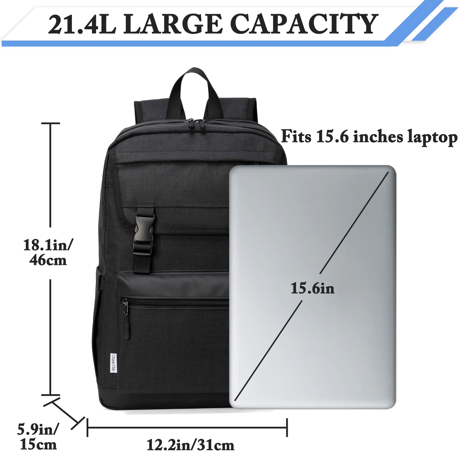 Laptop Backpack Mens, ChaseChic Large Anti Theft Travel Backpack, Waterproof School Rucksack Bag fit 15.6" Laptop (Black)
