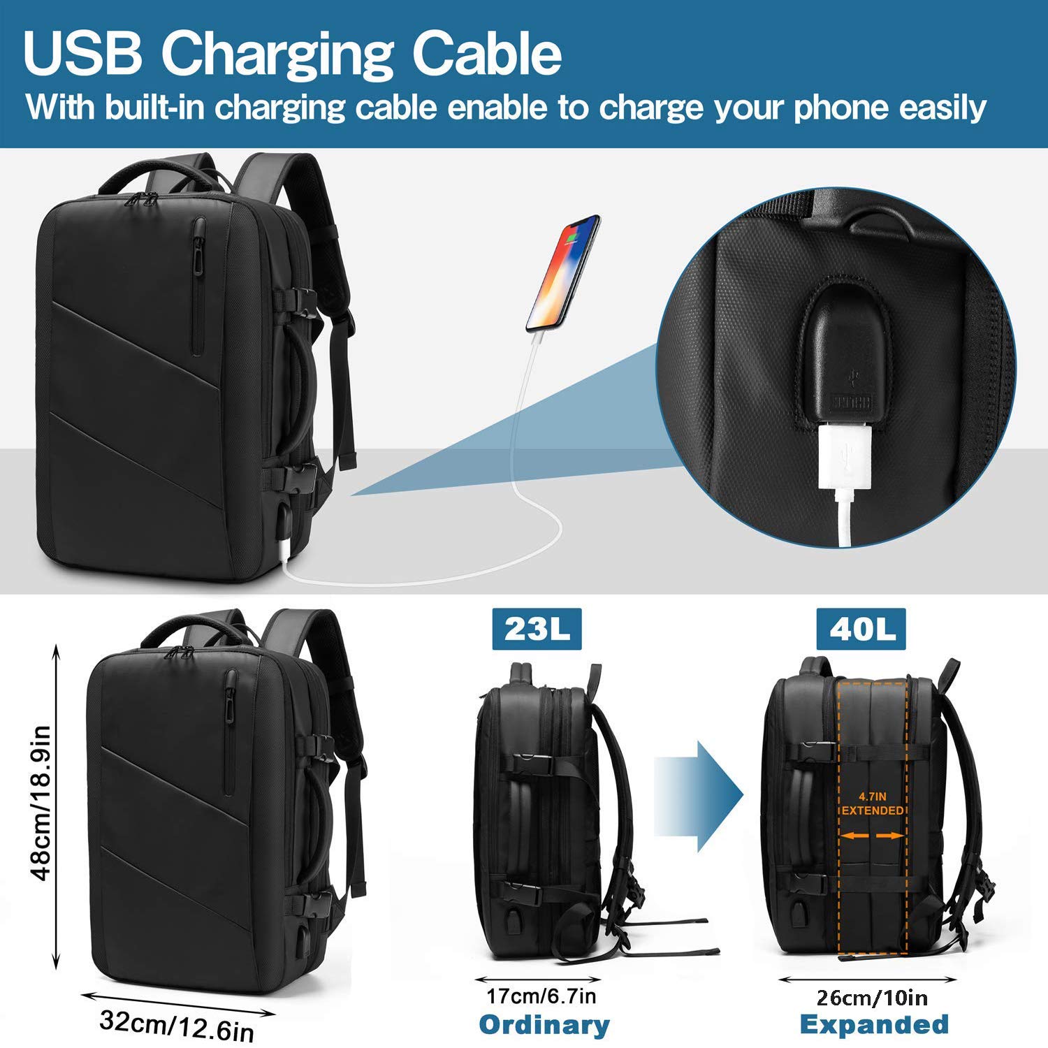 Travel Backpack,WUAYUR 15.6inch Laptop Backpack w/USB Port,40L Carry On Luggage