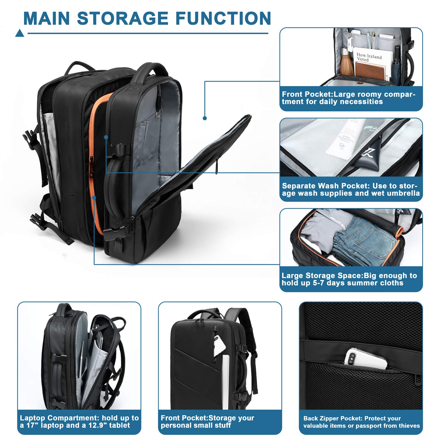 Travel Backpack,WUAYUR 15.6inch Laptop Backpack w/USB Port,40L Carry On Luggage