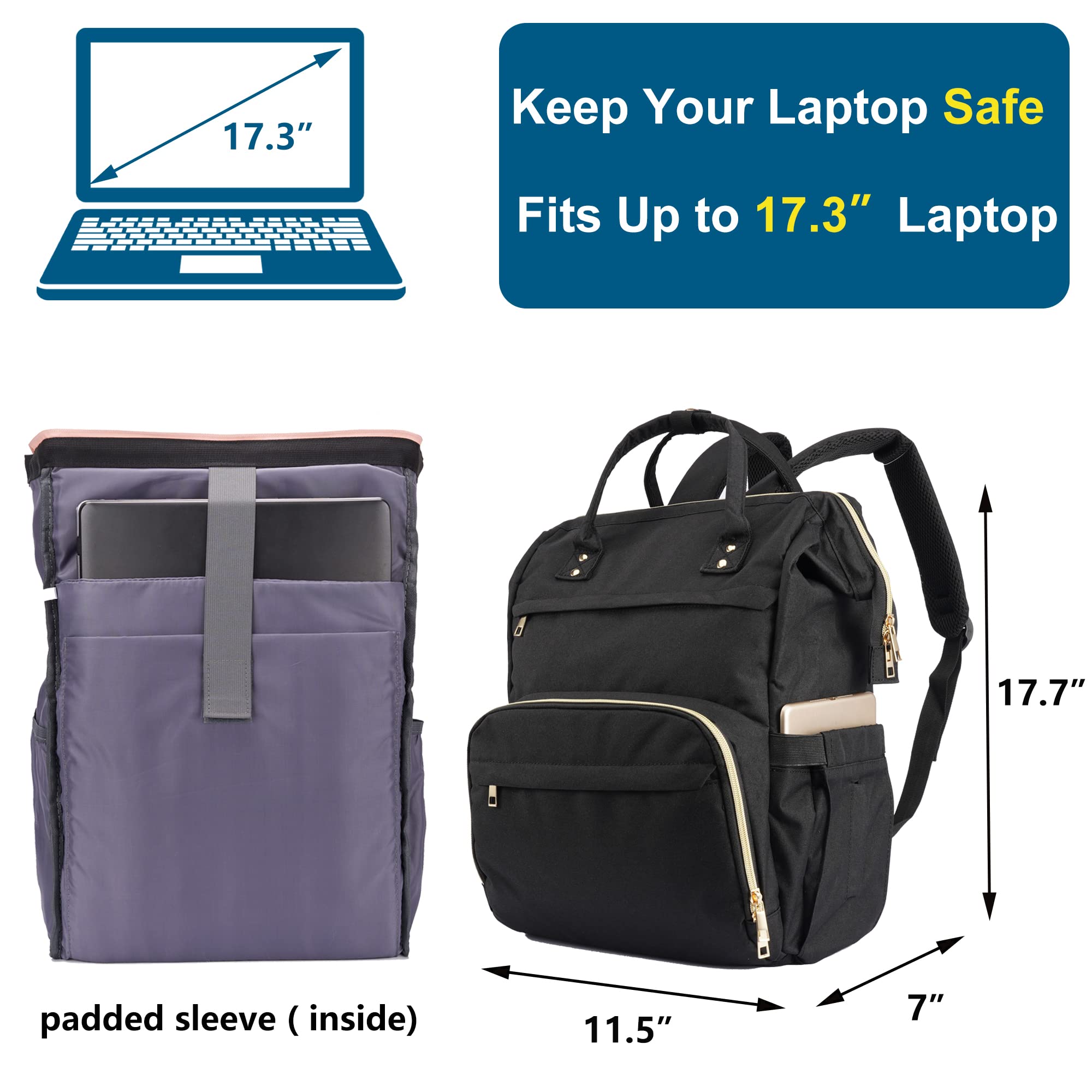 Erihop College Laptop Backpack Women 17 Inch Laptop Bag, Black