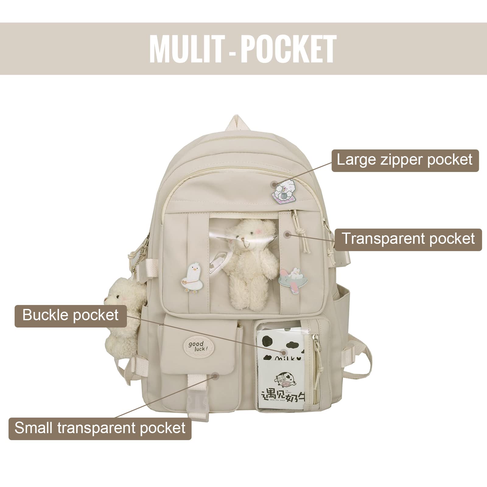 Freie Liebe Kawaii School Backpack for Girls Cute Aesthetic Backpack School Bookbag with Pin and Accessories