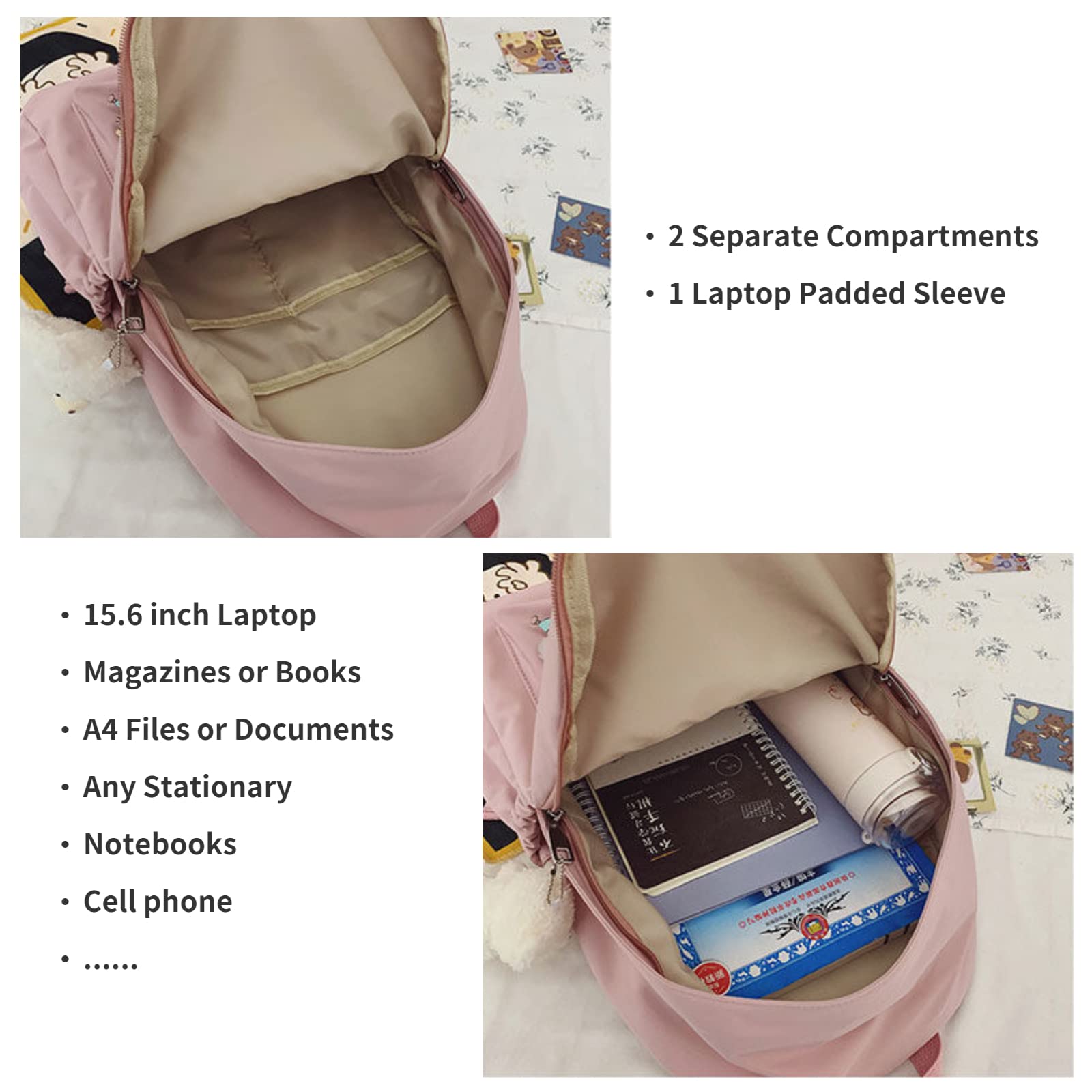 KOWVOWZ Kawaii Cute Aesthetic School Laptop Backpack with Accessories Pin Plush Pendant for Teen Girls, Students (Green)