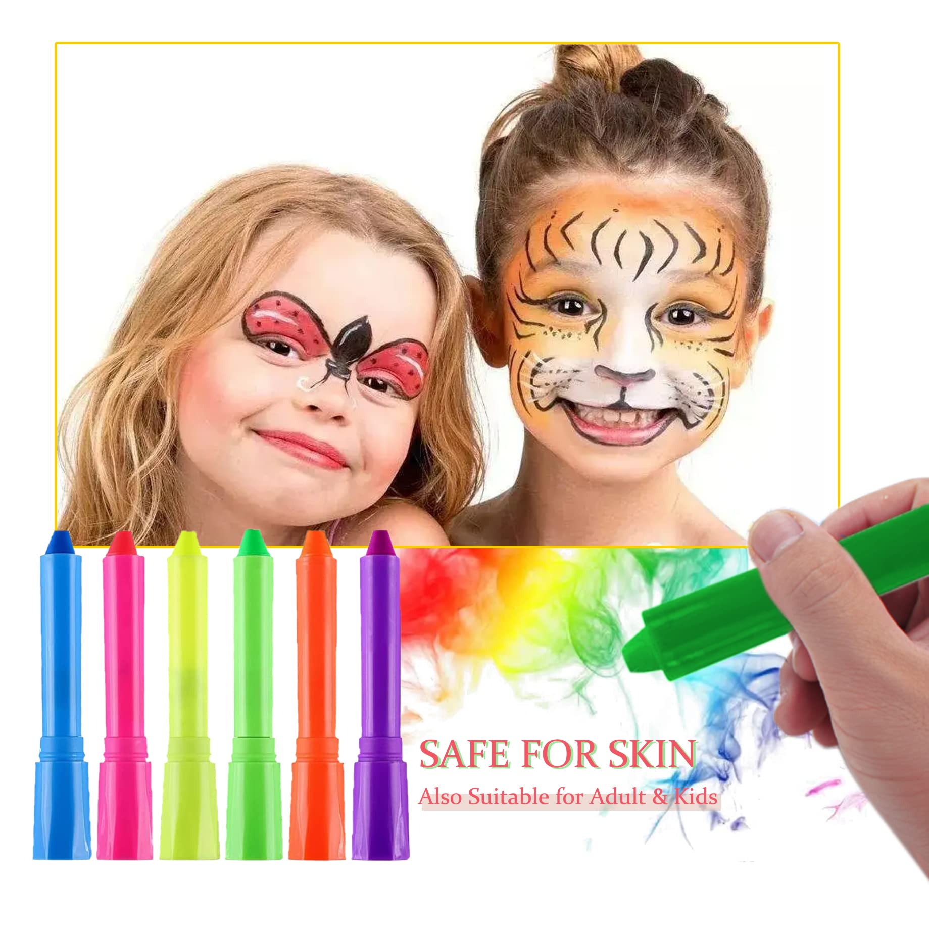 Glow in The Black Light UV Face Paint Crayon, Black Light Neon Face & Body Paint Non Toxic Fluorescent Mardi Gras Halloween Makeup Marker for Kids