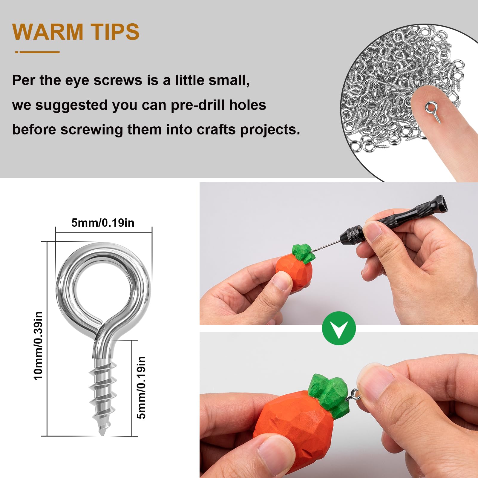 300PCS Eye Screws, Metal Screw Eye Pins Eyelet for DIY Jewelry Making Charm Bead Pieces Wood Arts Crafts Projects, Small Eye Hooks for Cork Top Bottles (10X5mm)