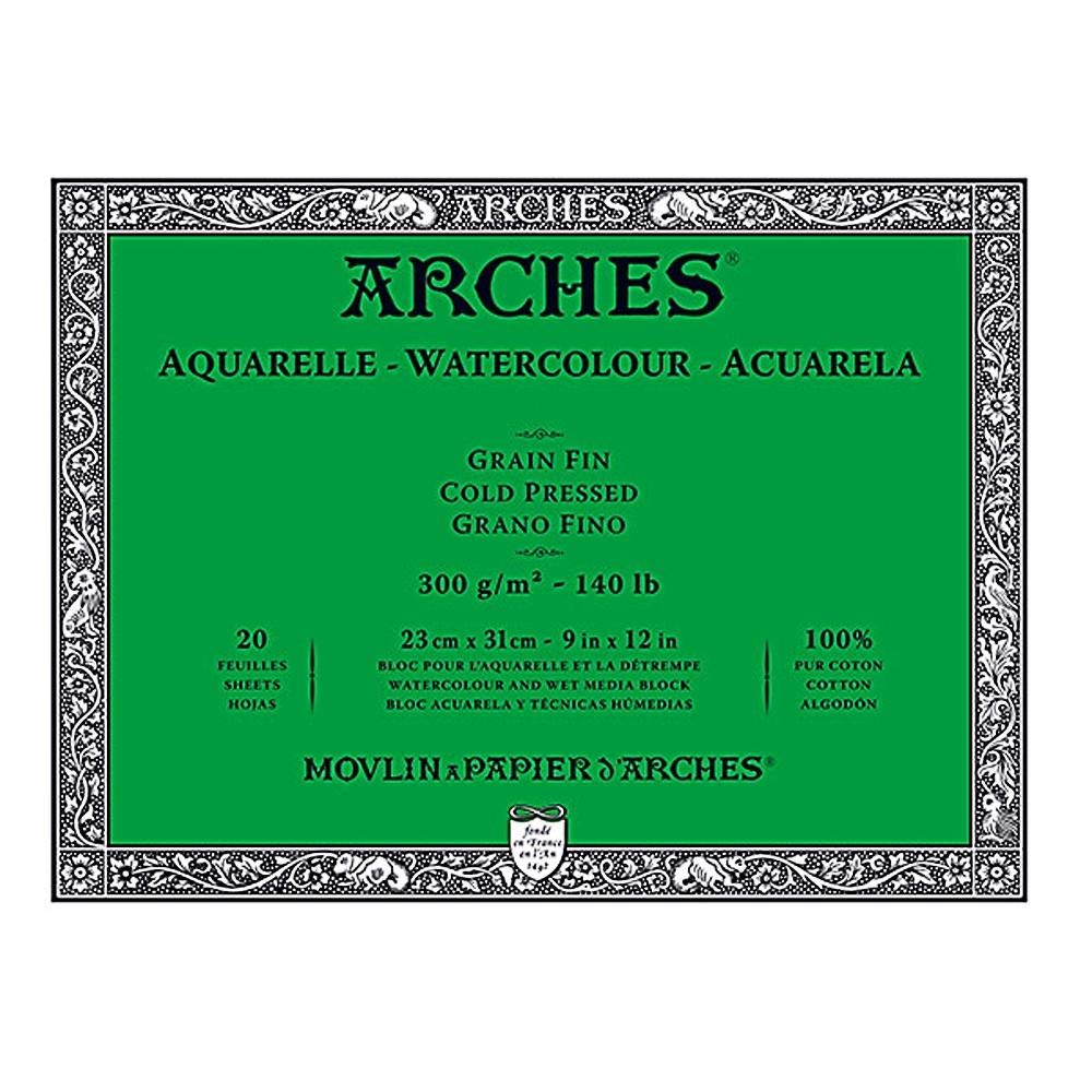 Arches Watercolor Block 9x12-inch Natural White 100% Cotton Paper - 20 Sheets of Arches Watercolor Paper 140 lb Cold Press - Arches Art Paper for Watercolor Gouache Ink Acrylic and More