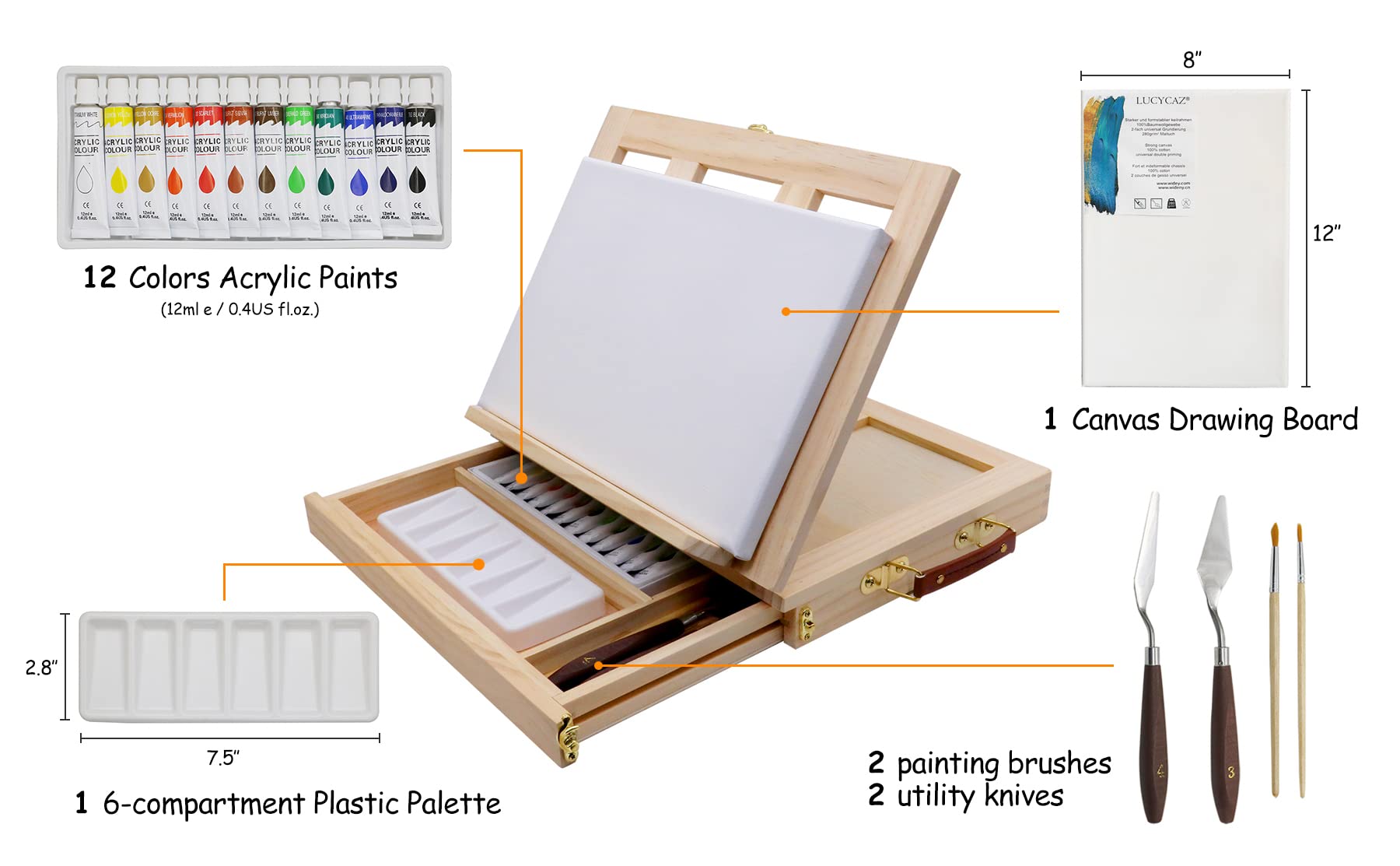 LUCYCAZ Tabletop Easel Set - Easel for Painting Canvases, Painting Easel Kits for Kids and Adults with Wood Canvas Stand, 12 Colors Acrylic Paints, 2 Brushes, Plastic Palette and Palette Knives