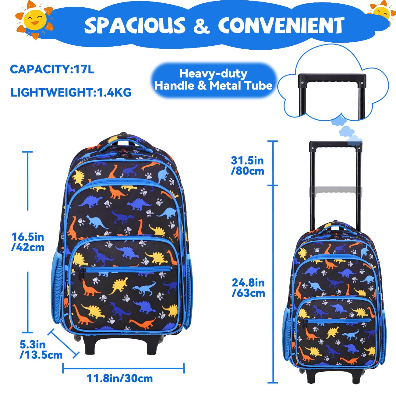 VASCHY Rolling Backpack Kids, 17in Water Resistant Large Schoolbag Carry-on Travel Trip Bag with Wheels for Girls Pink Dinos