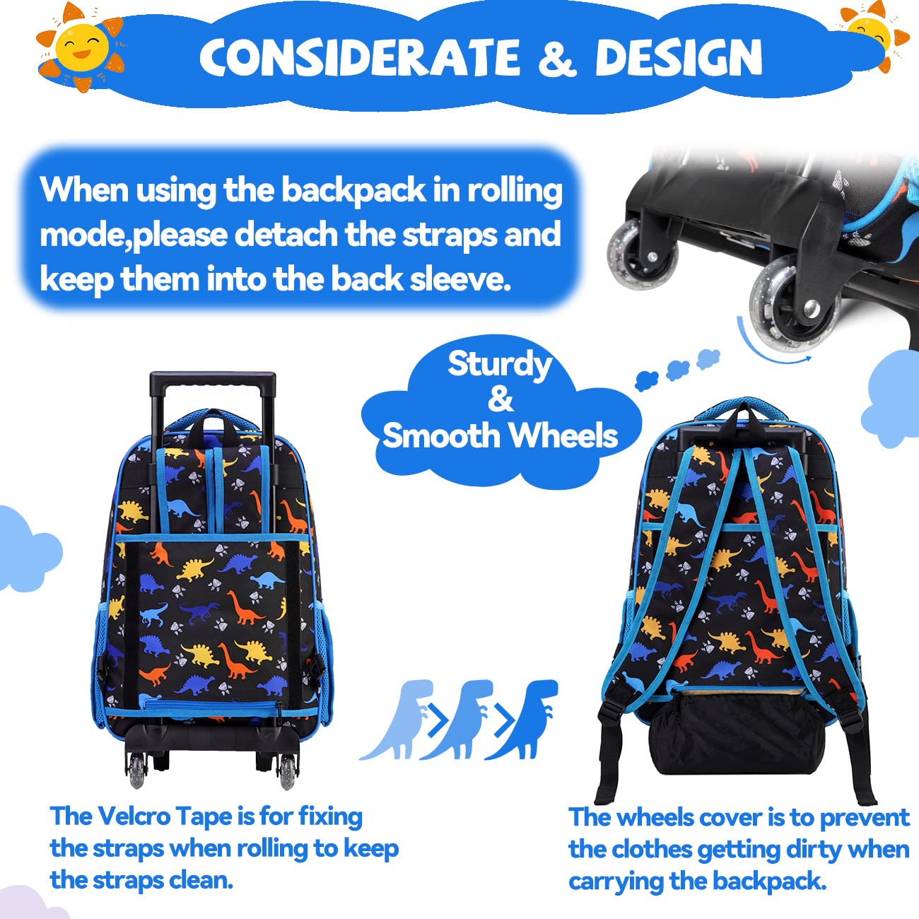 VASCHY Rolling Backpack Kids, 17in Water Resistant Large Schoolbag Carry-on Travel Trip Bag with Wheels for Girls Pink Dinos