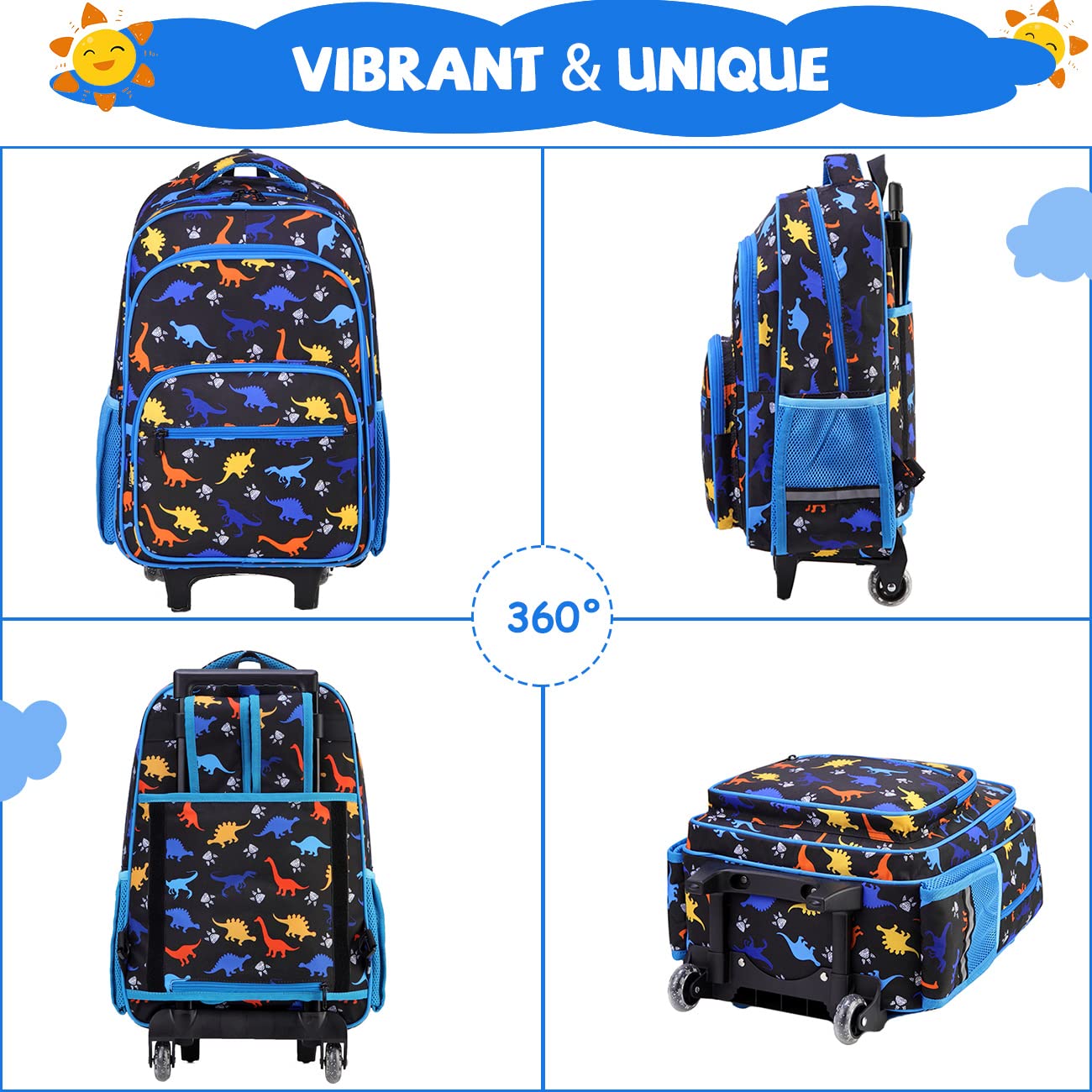 VASCHY Rolling Backpack Kids, 17in Water Resistant Large Schoolbag Carry-on Travel Trip Bag with Wheels for Girls Pink Dinos