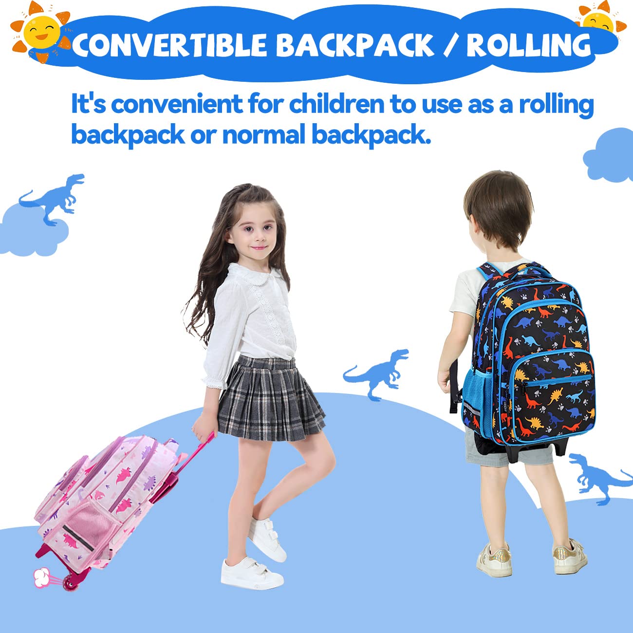 VASCHY Rolling Backpack Kids, 17in Water Resistant Large Schoolbag Carry-on Travel Trip Bag with Wheels for Girls Pink Dinos