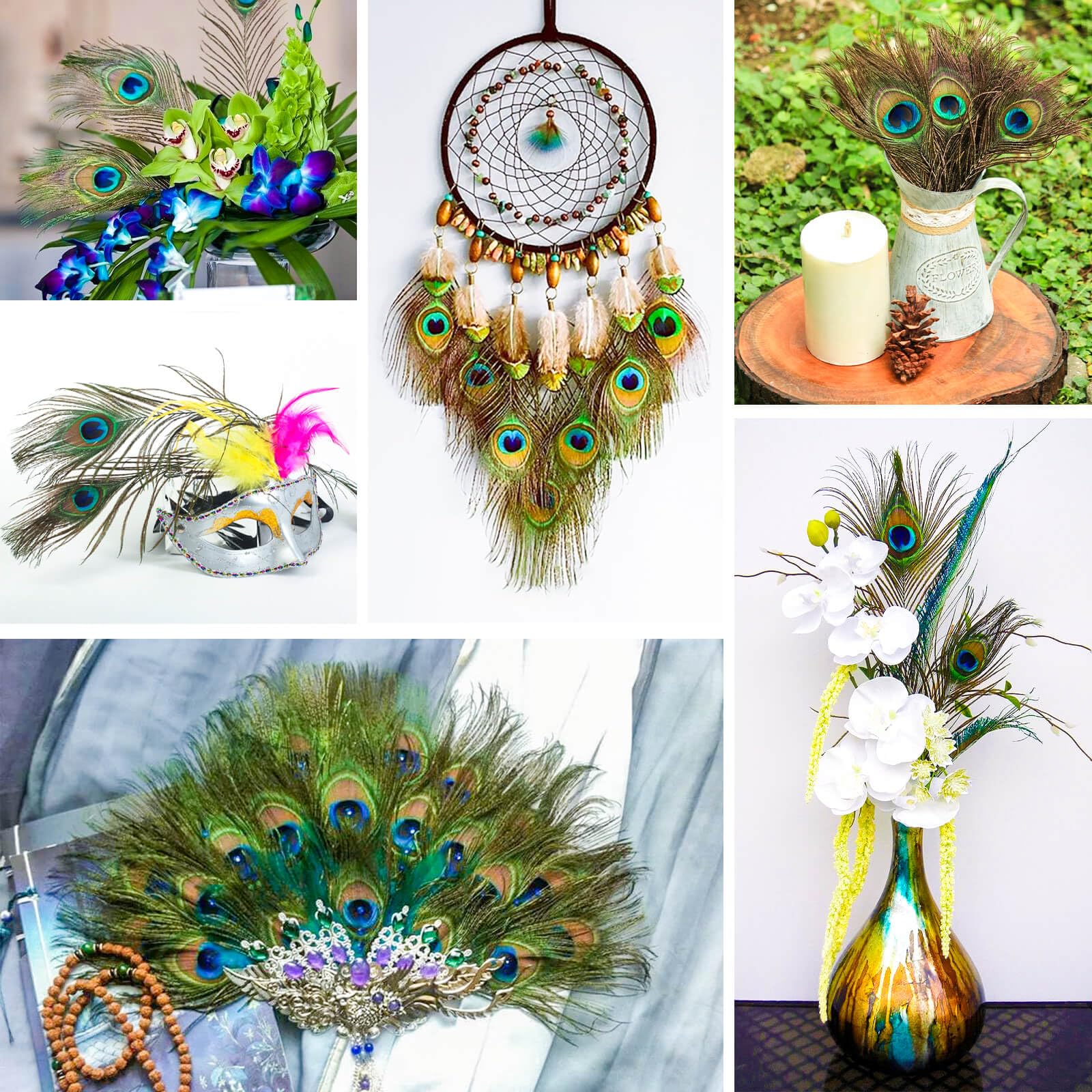 Piokio 50 pcs Natural Peacock Feathers in Bulk 10-12 inch(25-30 cm) Bulk for DIY Craft, Wedding, Mardi Gras Decoration