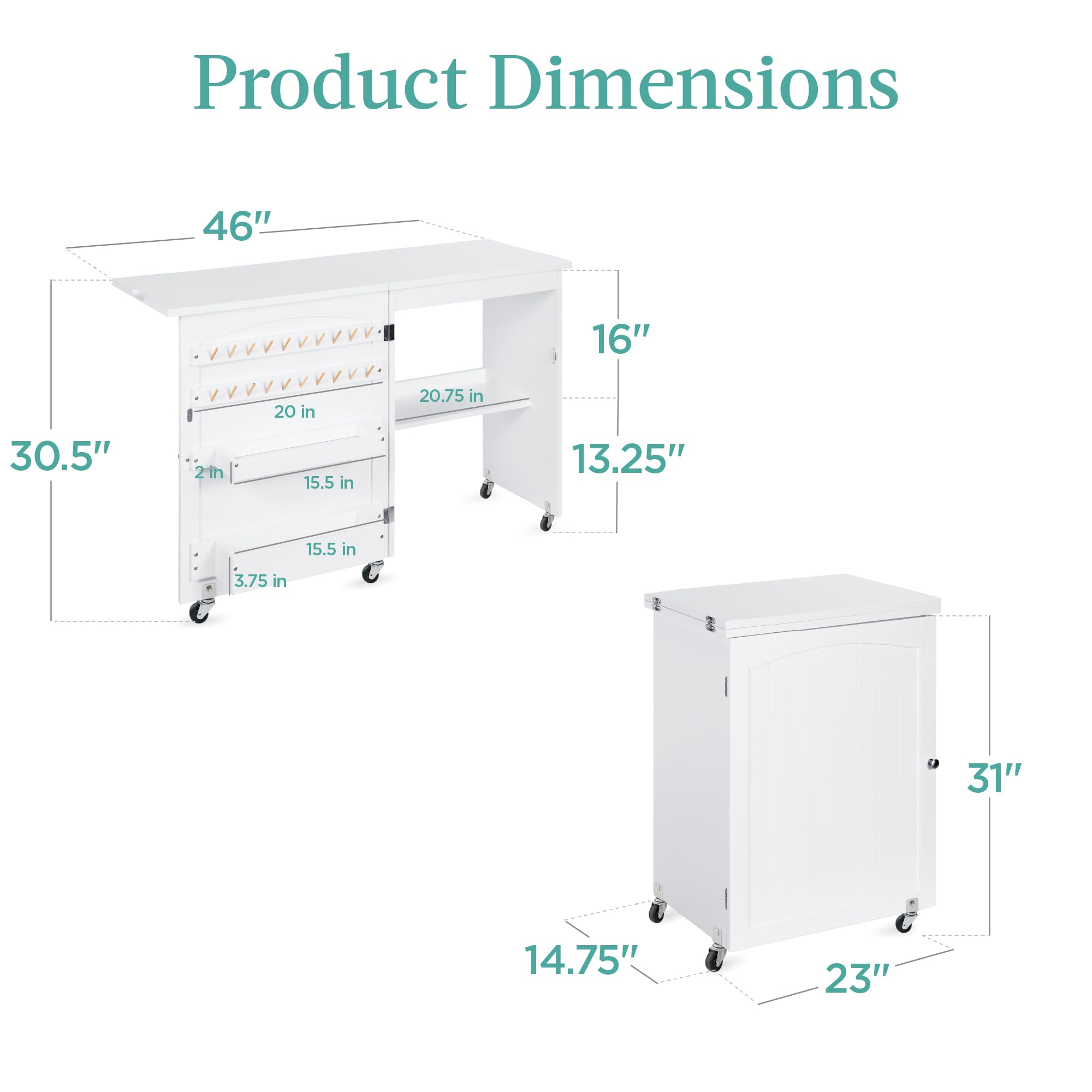 Best Choice Products Folding Sewing Table Multipurpose Craft Station & Side Desk with Compact Design, Wheels, Shelves, Bins, Pegs, Magnetic Doors, Metal Doorknobs - White