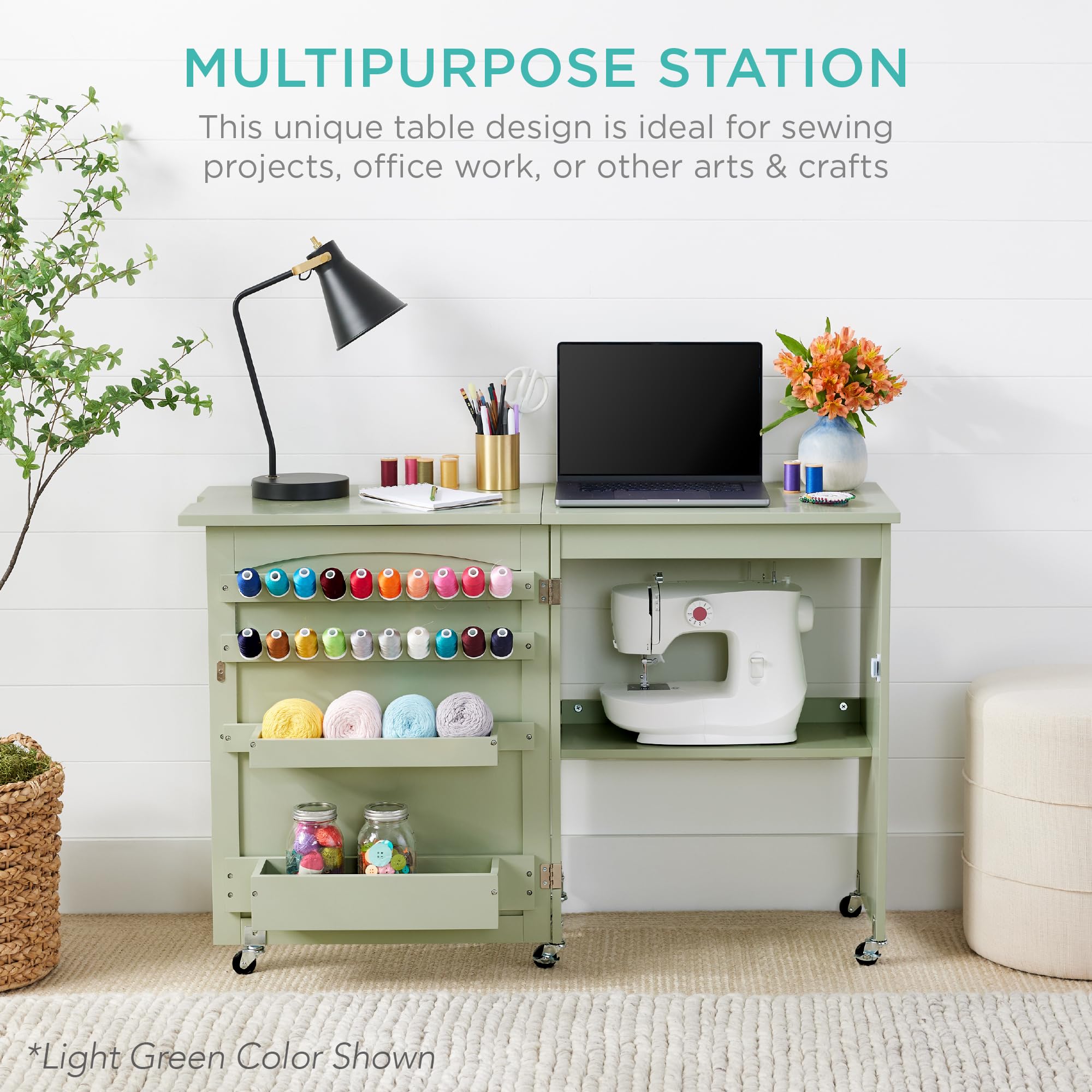 Best Choice Products Folding Sewing Table Multipurpose Craft Station & Side Desk with Compact Design, Wheels, Shelves, Bins, Pegs, Magnetic Doors, Metal Doorknobs - White