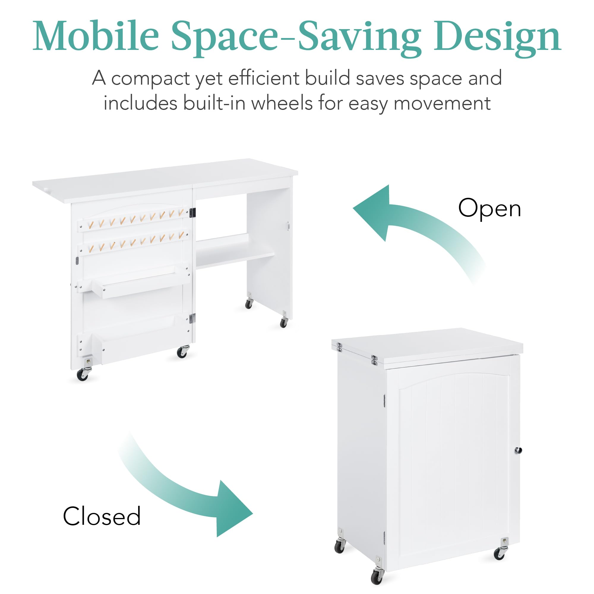 Best Choice Products Folding Sewing Table Multipurpose Craft Station & Side Desk with Compact Design, Wheels, Shelves, Bins, Pegs, Magnetic Doors, Metal Doorknobs - White