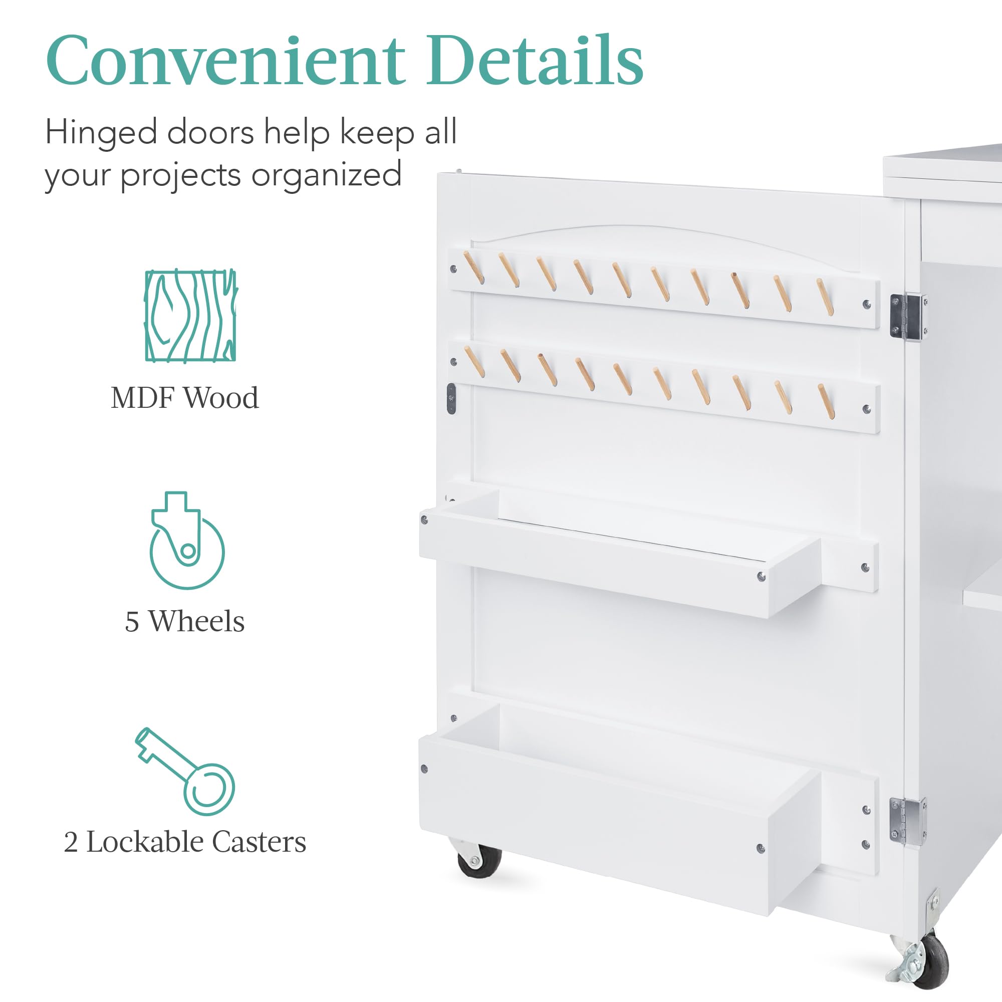 Best Choice Products Folding Sewing Table Multipurpose Craft Station & Side Desk with Compact Design, Wheels, Shelves, Bins, Pegs, Magnetic Doors, Metal Doorknobs - White