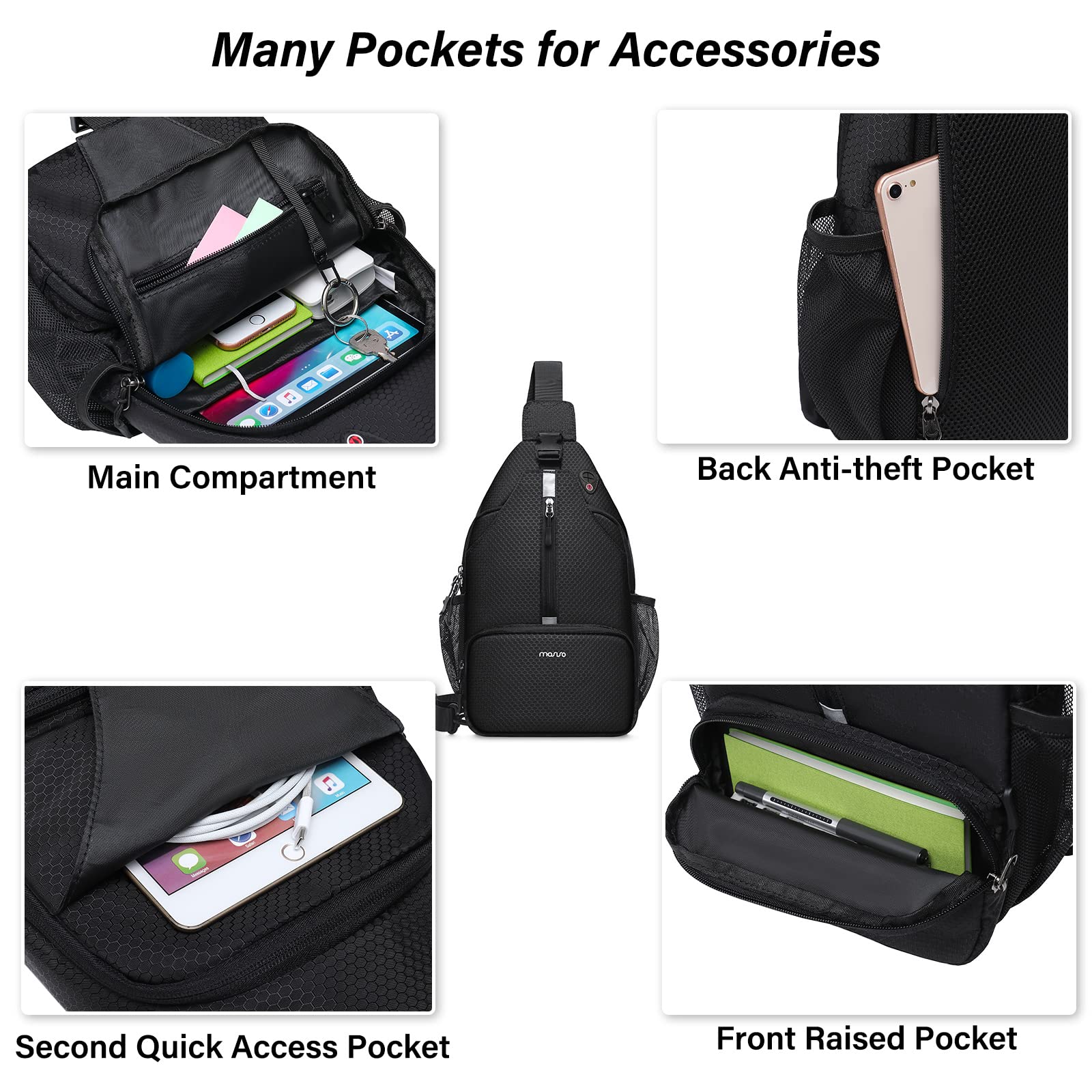 MOSISO Sling Backpack, Lightweight Crossbody Bag with Front Raised Pocket Chest Shoulder Travel Hiking Daypack Bag for Women Men, Black