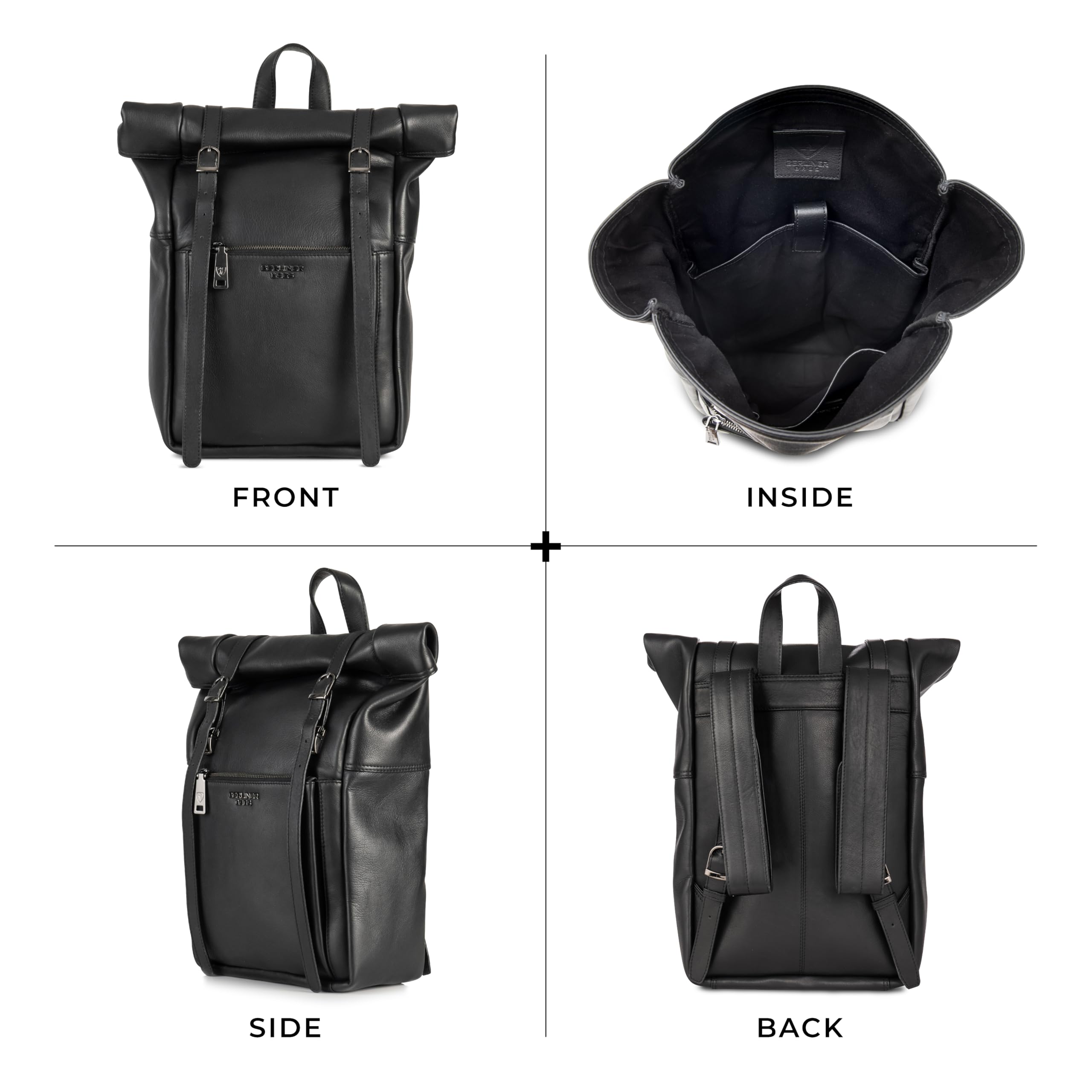 BERLINER BAGS Premium Leather Backpack Lille, Laptop Bag and Travel Rucksack for Men Women - Black