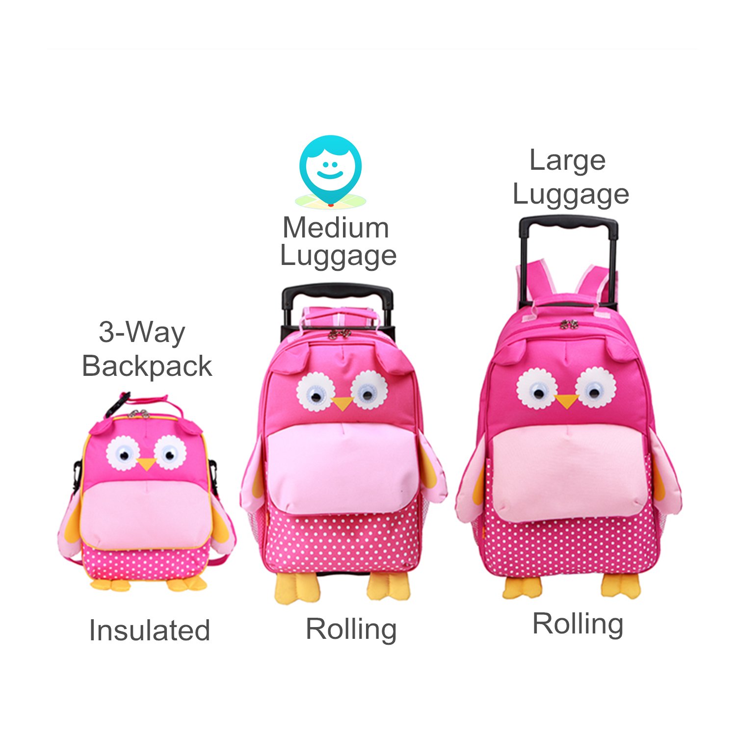 yodo Zoo 3-Way Kids Suitcase Luggage or Toddler Rolling Backpack with wheels, Medium Owl