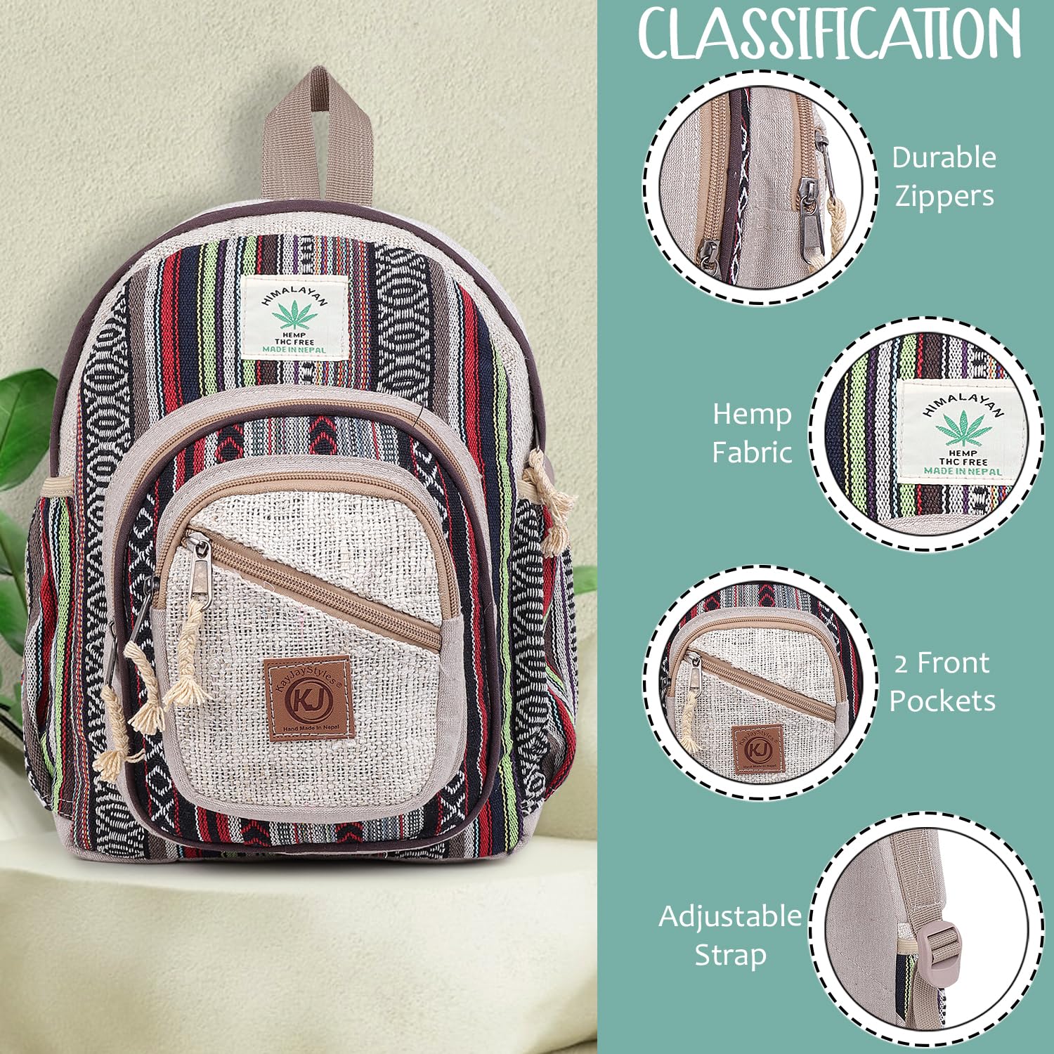KayJayStyles Small Lightweight Daypack Backpack Handmade Himalayan Hemp Travel, Hiking, Purse for Men, Women & Girls