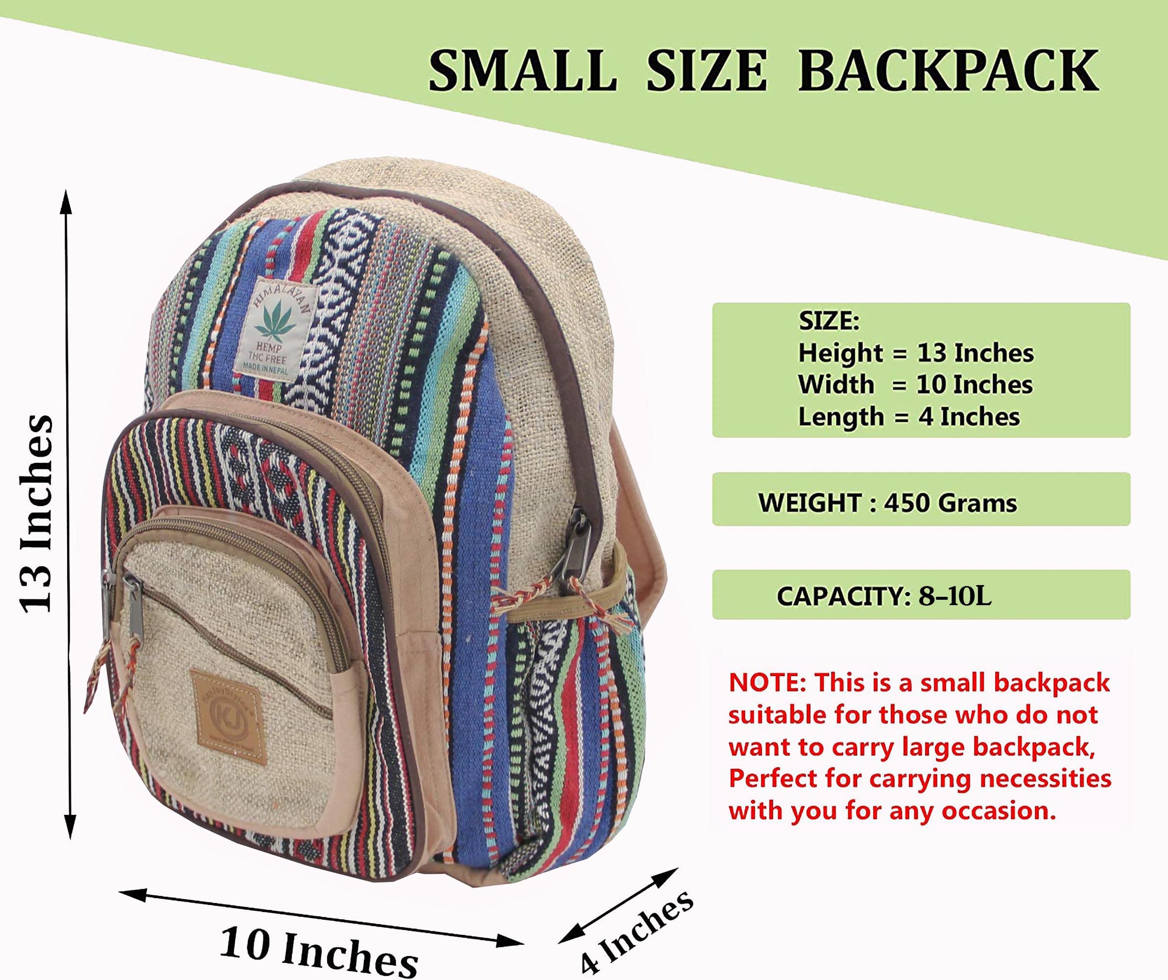 KayJayStyles Small Lightweight Daypack Backpack Handmade Himalayan Hemp Travel, Hiking, Purse for Men, Women & Girls