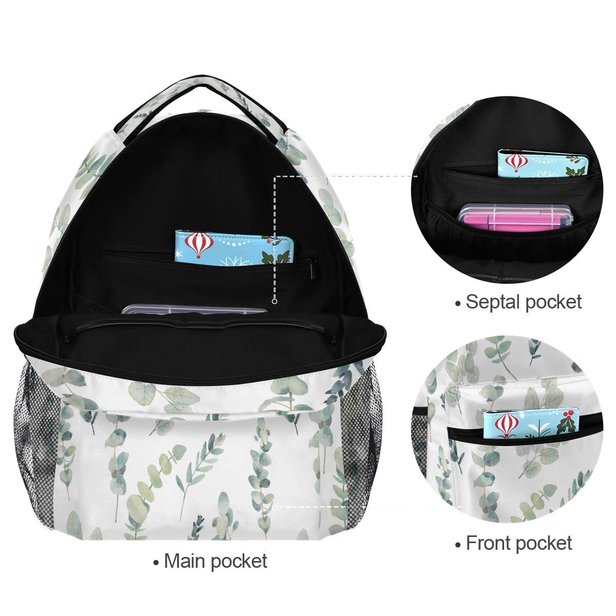 Green Sage School Backpack for Kids Boy Girls Eucalyptus Leaf School Bag Daypack Spring Floral Laptop Bookbags Camping Travel Outdoor Shoulder Bag