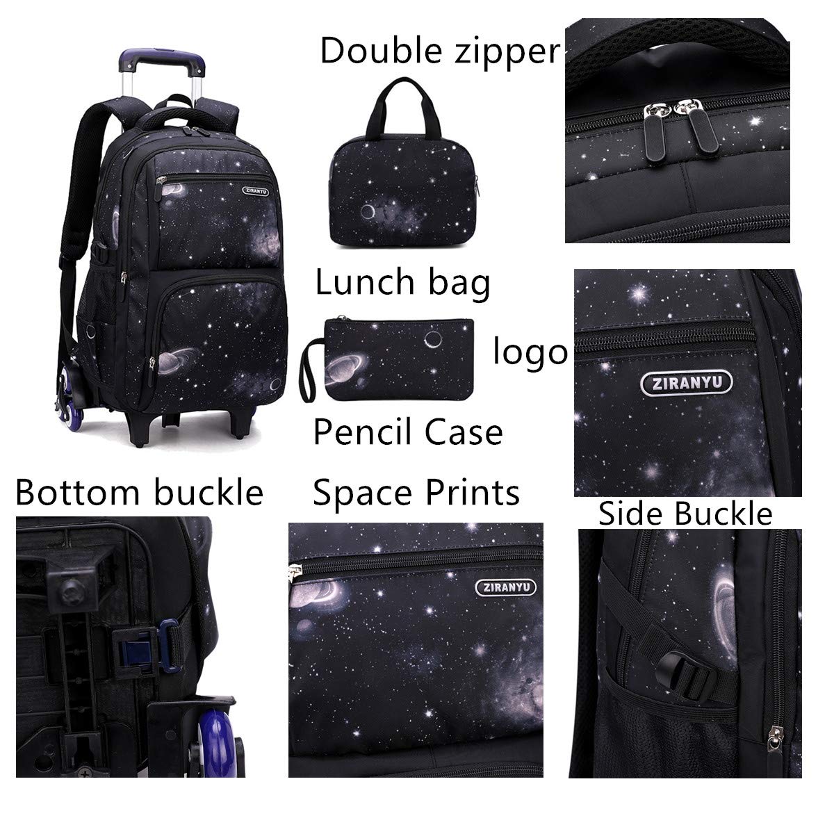 3PCS Starry Sky Kids Rolling Backpack Primary School Bookbag Wheeled Elementary Students Daypack Trolley Bag for Teens