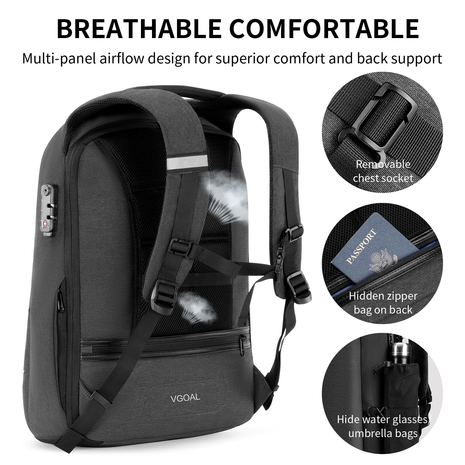 VGOAL Laptop Backpack 13.3 inch with TSA Lock and USB Charging Port Flight Approved Carry on Business Backpack Anti Theft Lightweight Traveling Backpack Water Resistant College Rucksack Computer Bag for Men and Women
