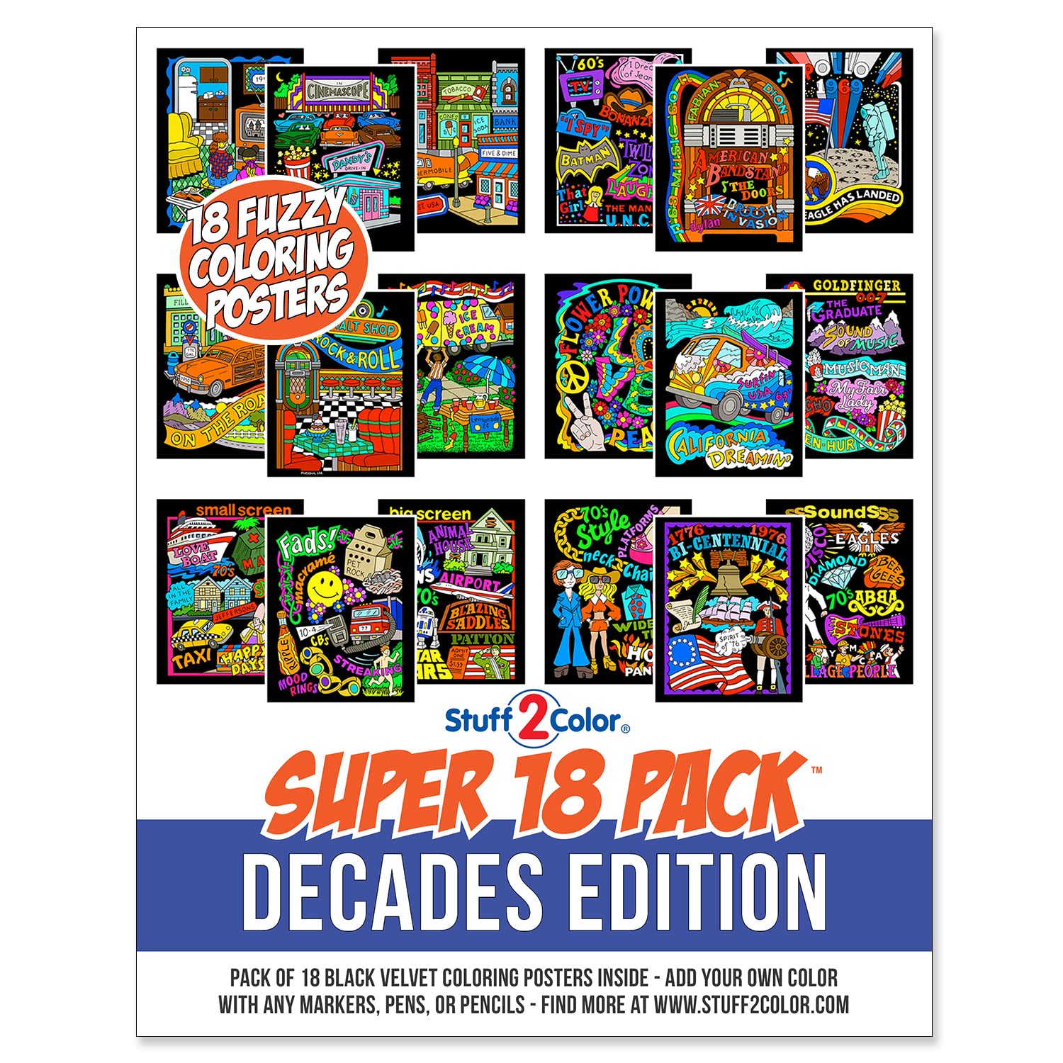 Stuff2Color Super Pack of 18 Fuzzy Velvet Coloring Posters (Decades Edition: 50's, 60's, 70's) - Great for Family Time, Arts & Crafts, Travel, At Home, Care Facilities [All Ages Coloring: Girls, Boys, Adults, Toddlers, Teens]