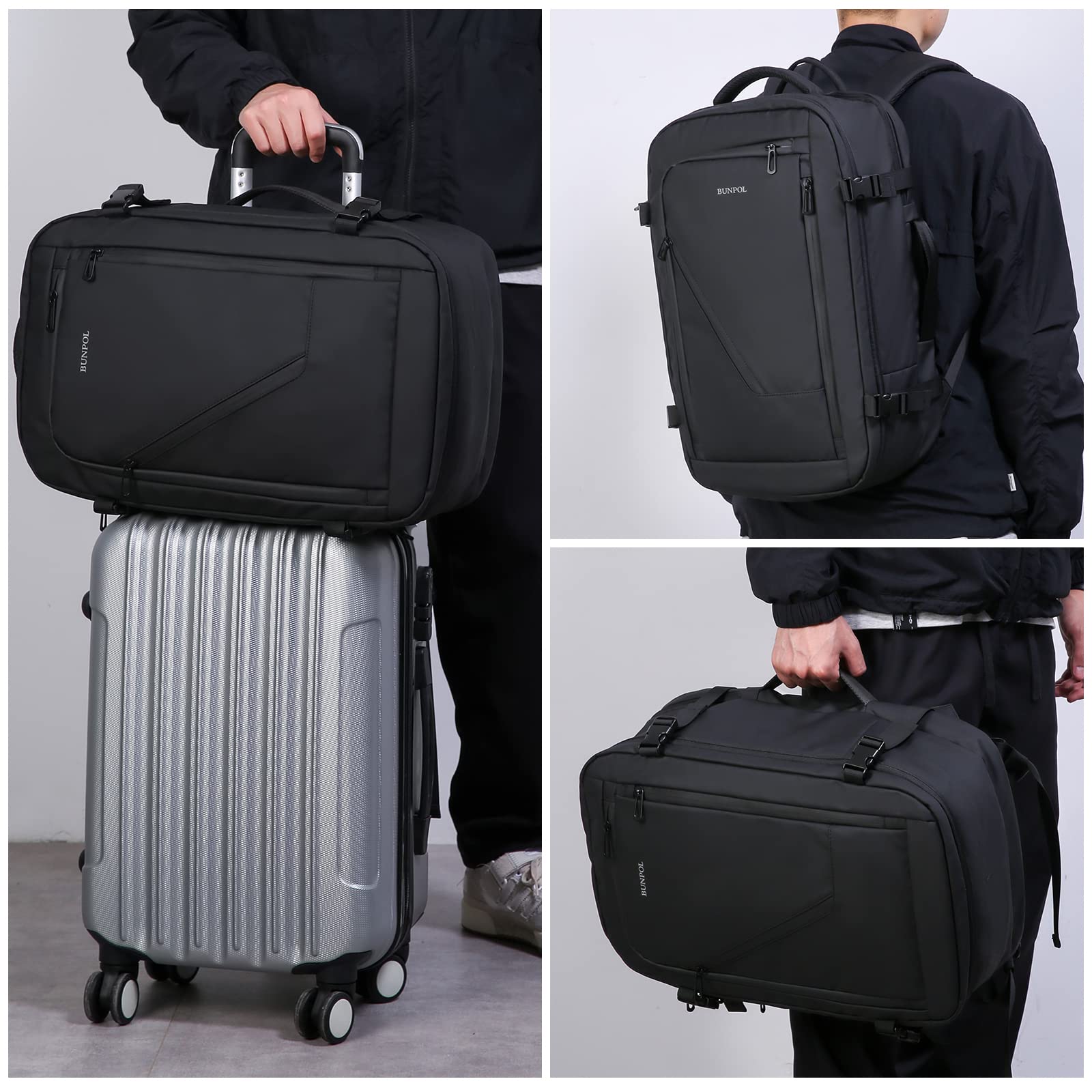 BUNPOL Travel Backpack for Men,Large Capacity Laptop Carry on Backpack Flight Approved Waterproof Durable Fit 20 Inch Laptop Backbag Weekender Bag for Men Women Black