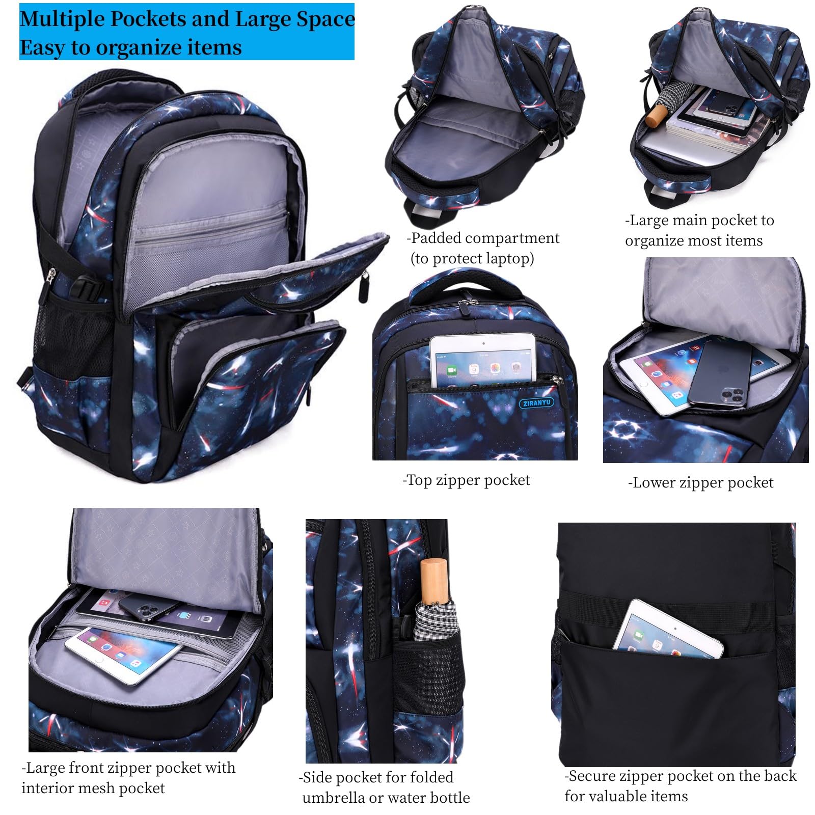 Boys Backpacks Primary Junior High School Bag Kids Bookbag 3 in 1 Casual Daypack Set Fashion Space Galaxy Printed Durable Knapsack with Lunch Bag