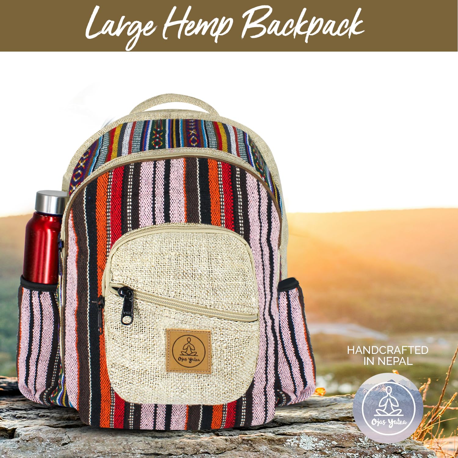 Ojas Yatra Hemp Backpack Large - Pure Himalayan Hemp Bag for Travel - Large Bohemian Rasta Backpacks for Men & Women - Multi Pocket Pure Himalayan Hemp Rucksack for Laptop, Books & Festivals